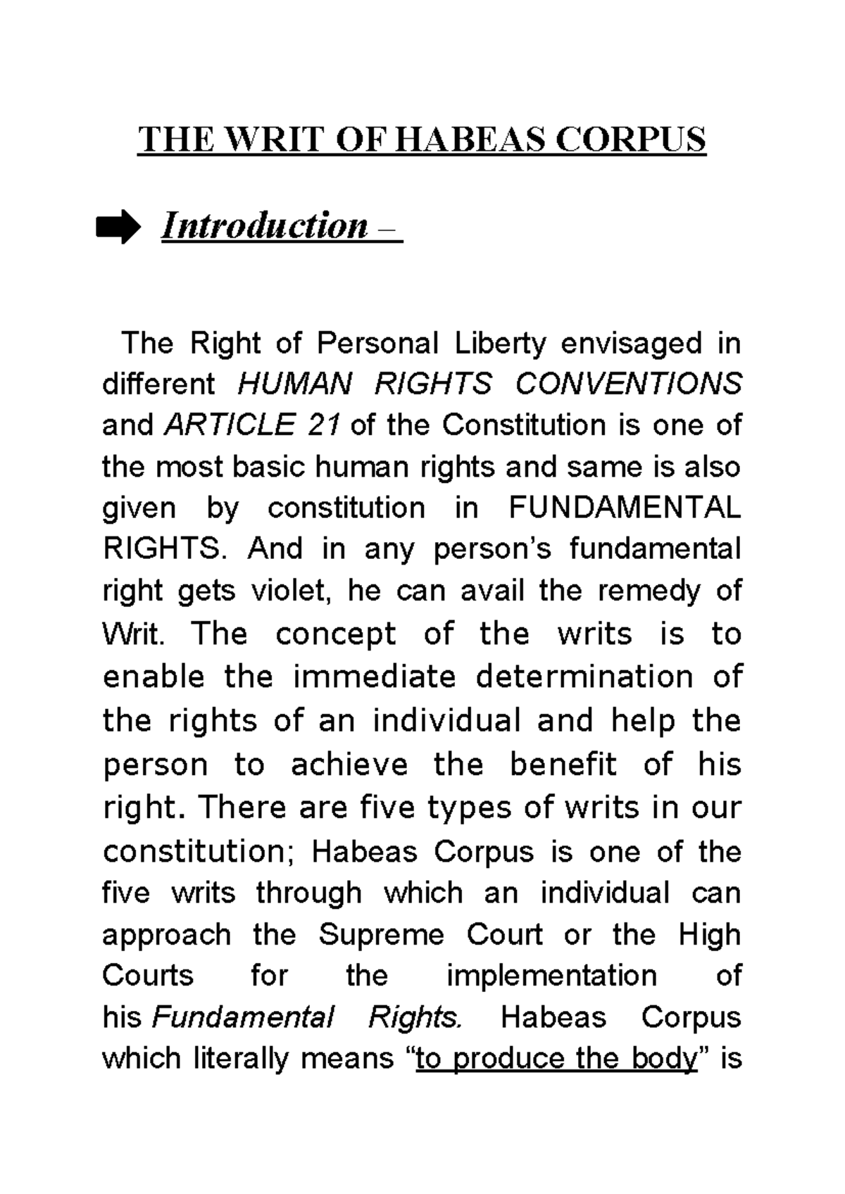 THE WRIT OF Habeas Corpus - THE WRIT OF HABEAS CORPUS Introduction ...