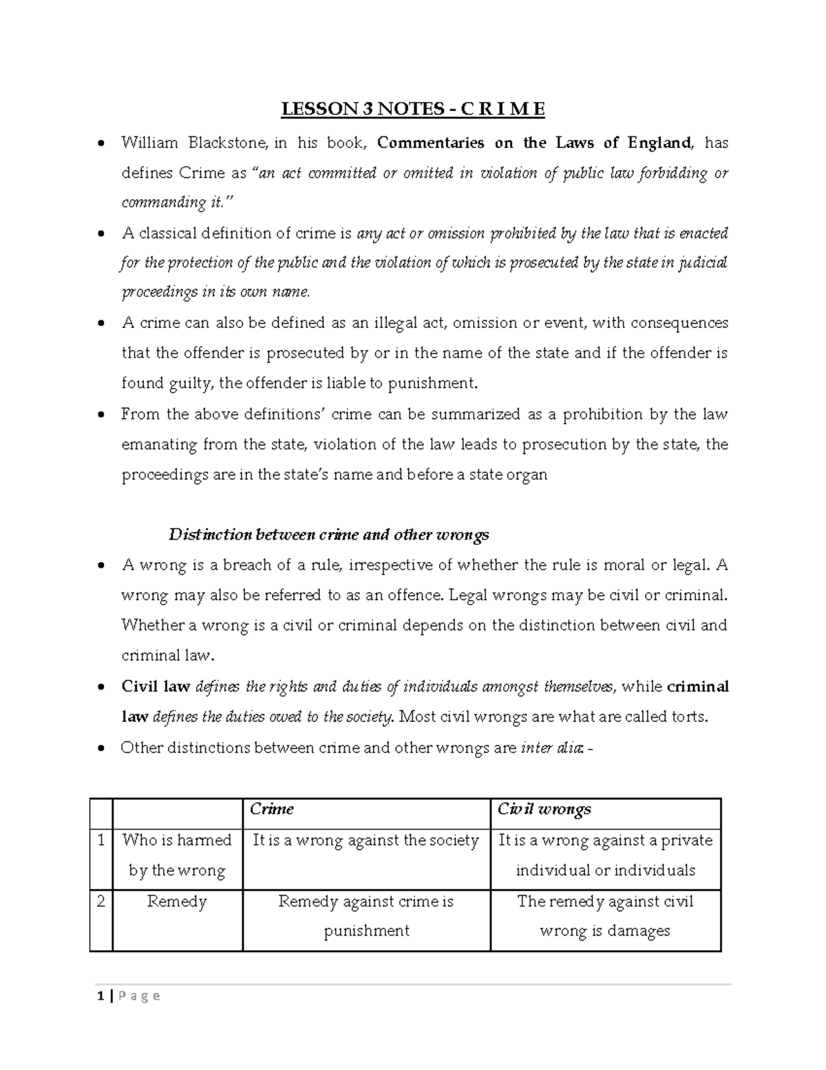 Crime Notes - LESSON 3 NOTES - C R I M E William Blackstone, in his ...