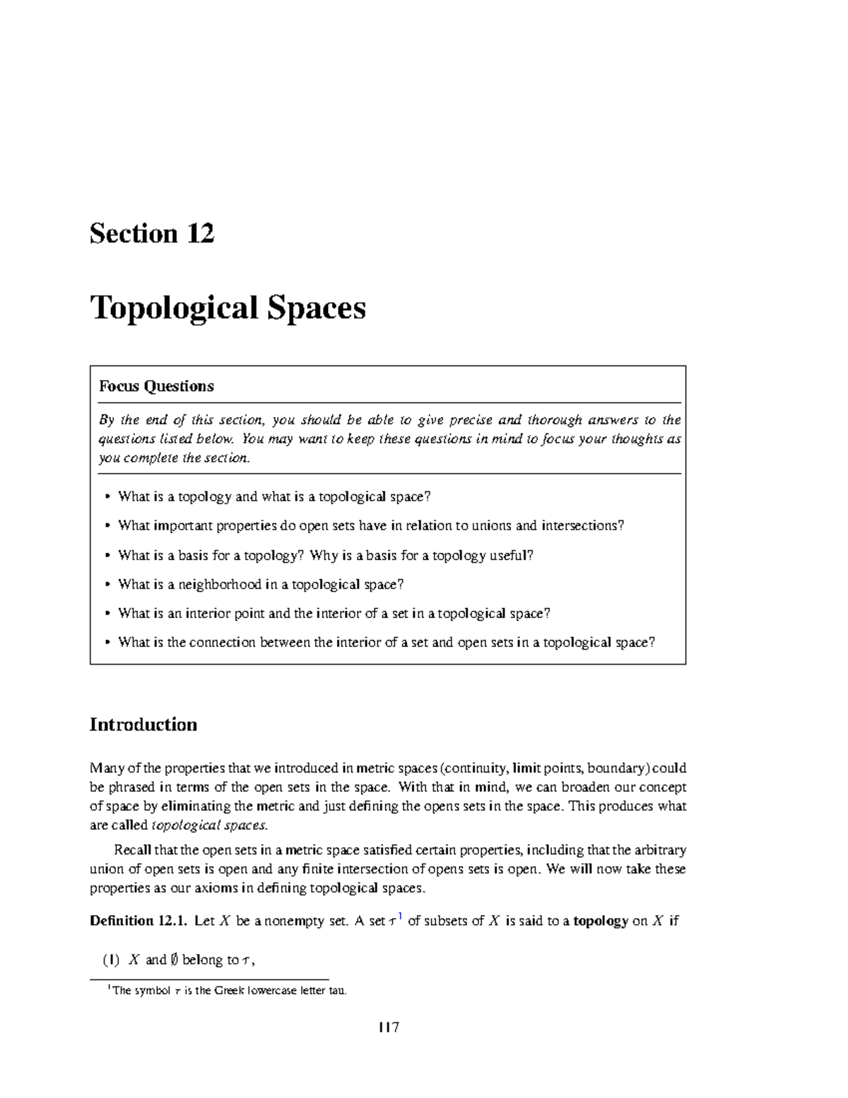 Topological Spaces - Section 12 Topological Spaces Focus Questions By the end of this section ...