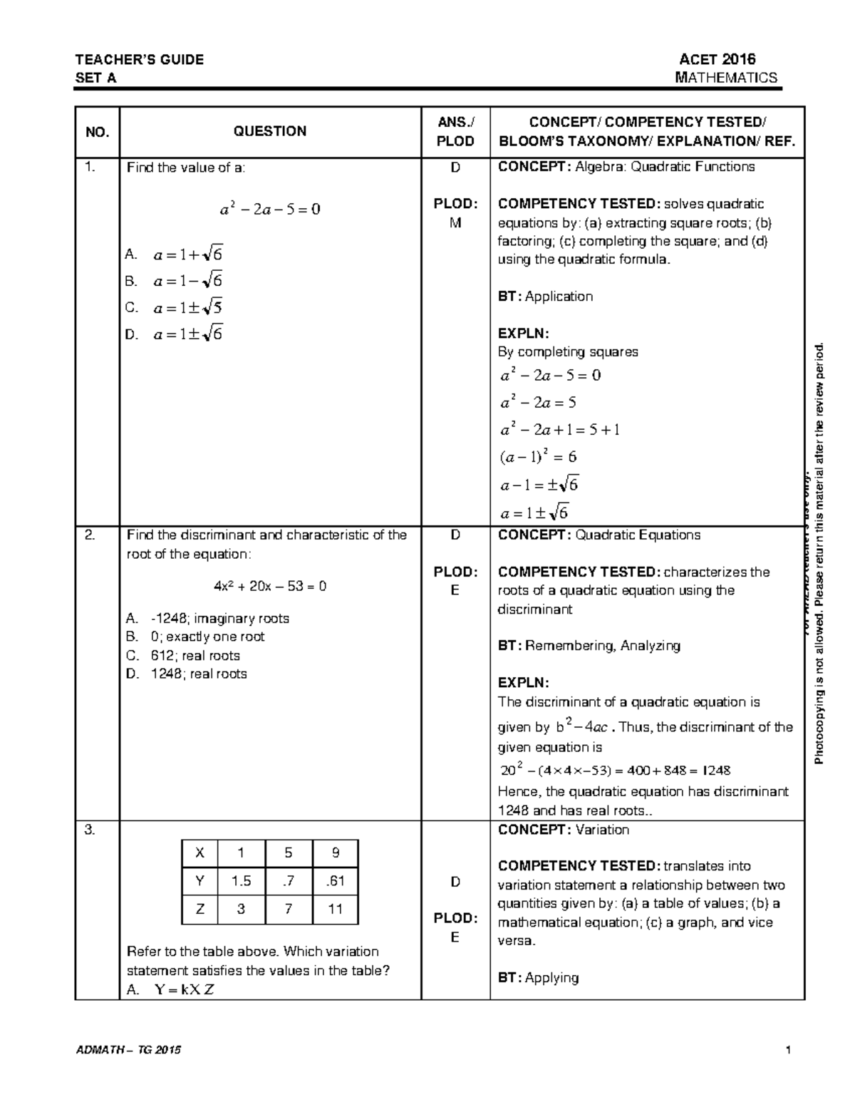 299544486 ACET Set A Math 111015 pdf - SET A MATHEMATICS For AHEAD ...