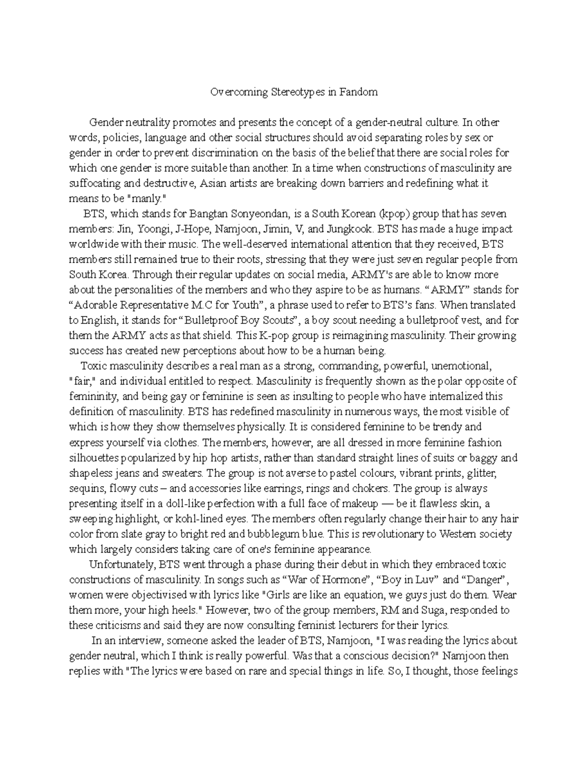 Essay - Overcoming Stereotypes in Fandom Gender neutrality promotes and ...