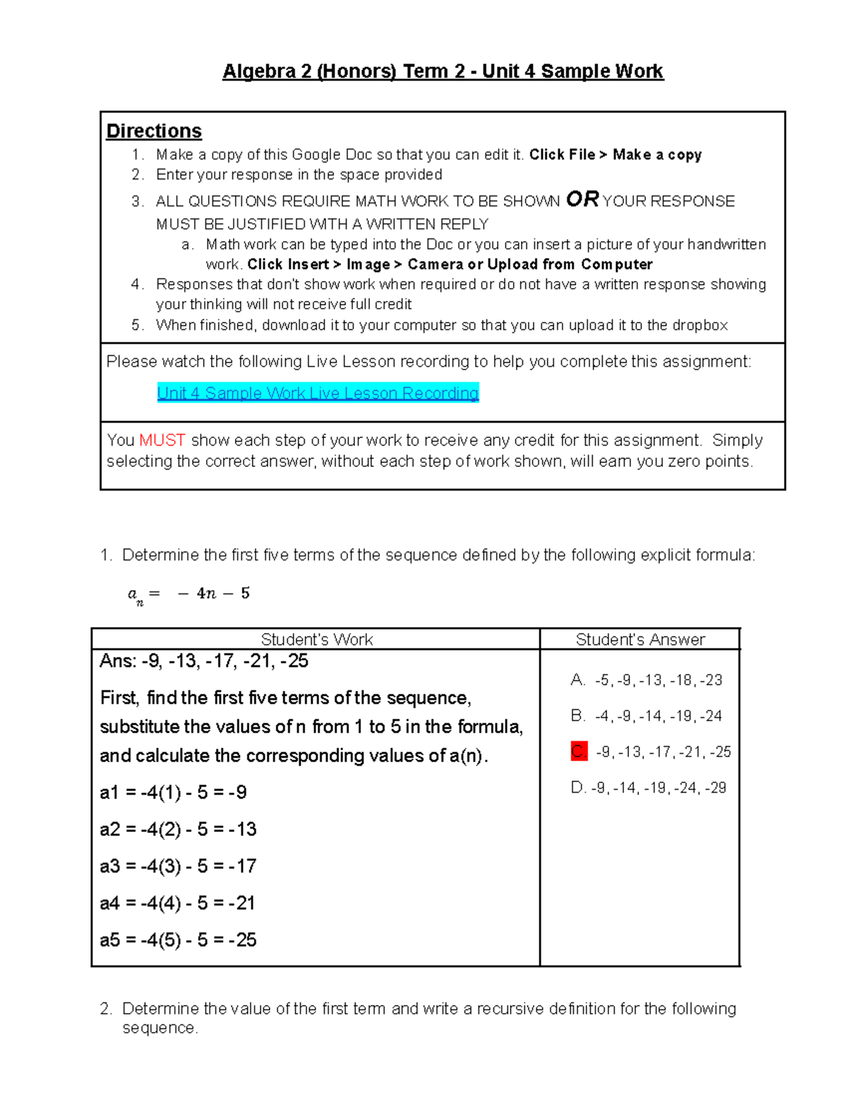 Copy of Alg 2 T2 - Unit 4 Sample Work - Algebra 2 (Honors) Term 2 ...