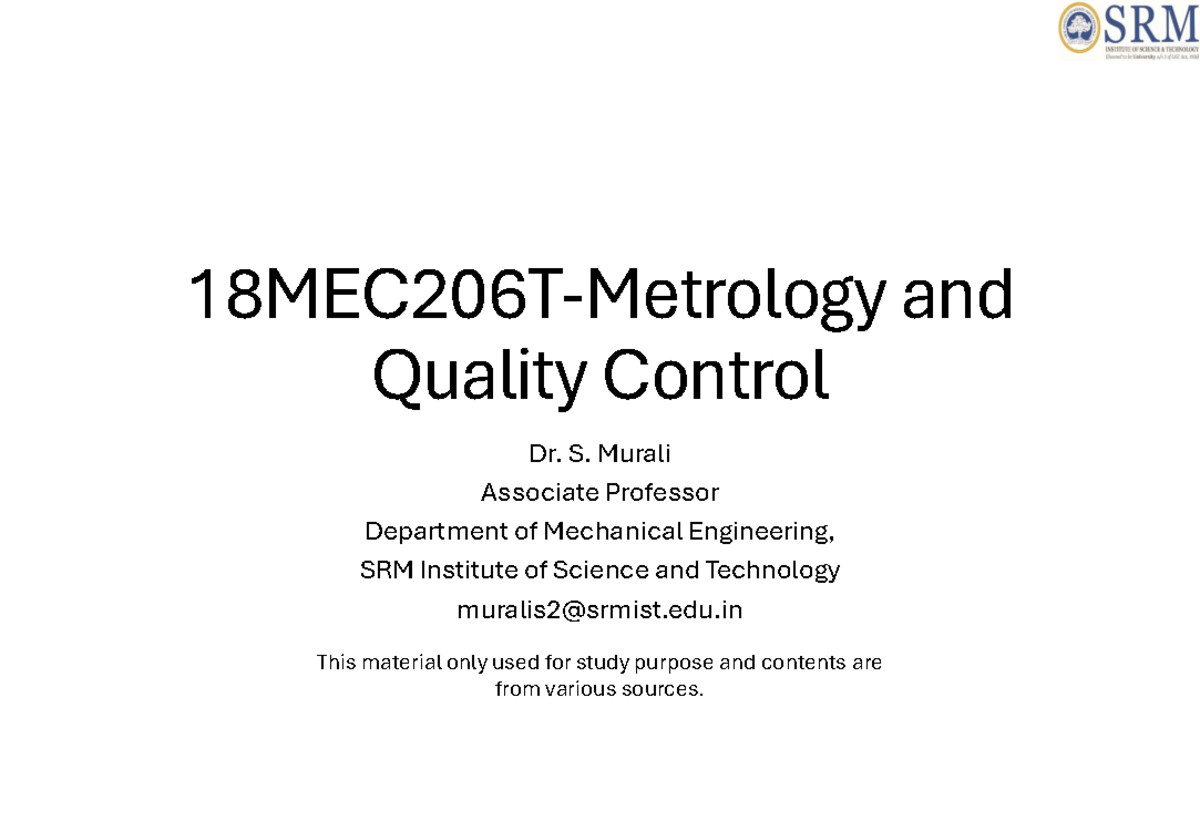 2023-24 Even MQC Unit 5 - .......... - 18MEC206T-Metrology and Quality ...
