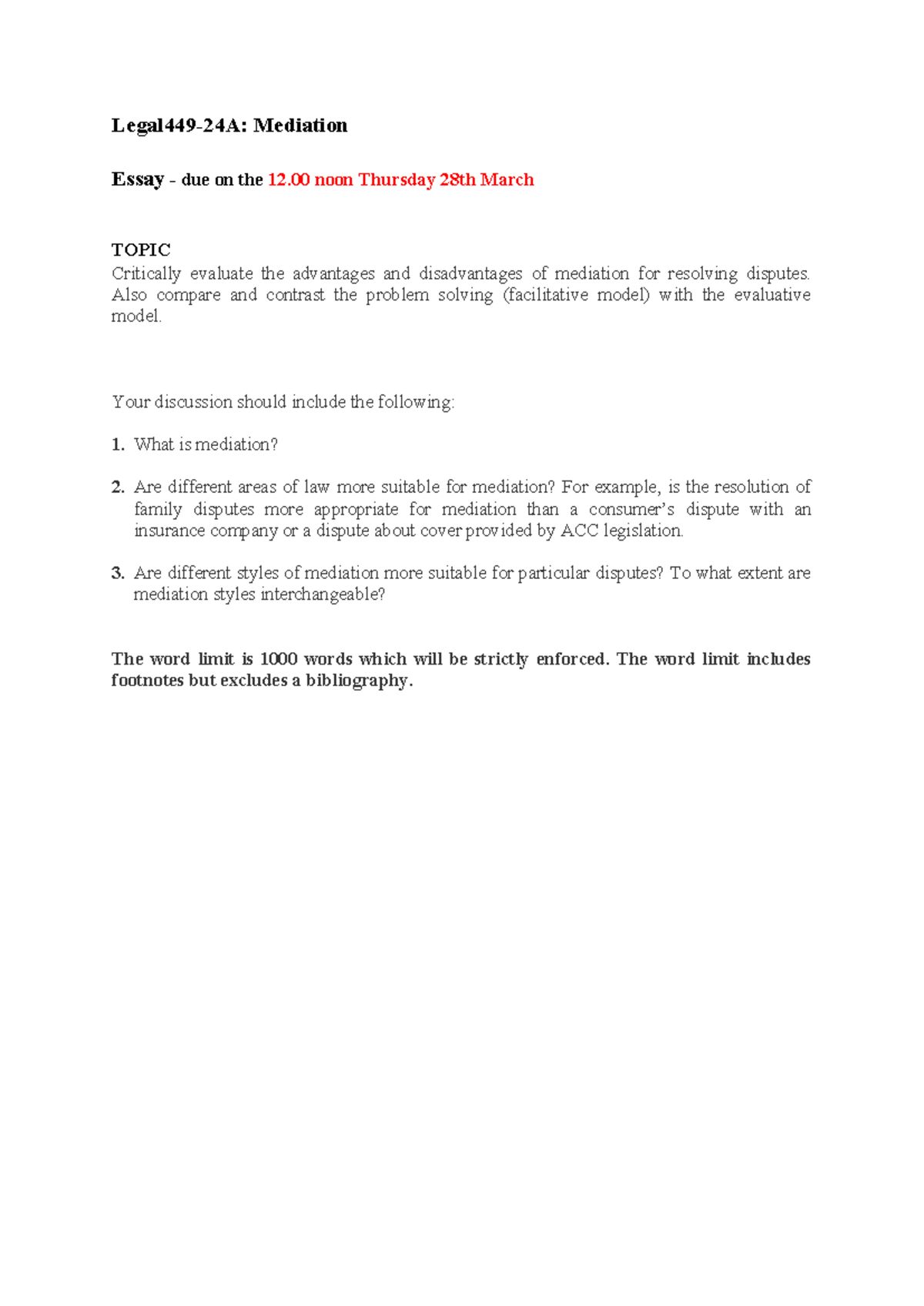 Essay topic 2024 - Legal449-24A: Mediation Essay - due on the 12 noon ...