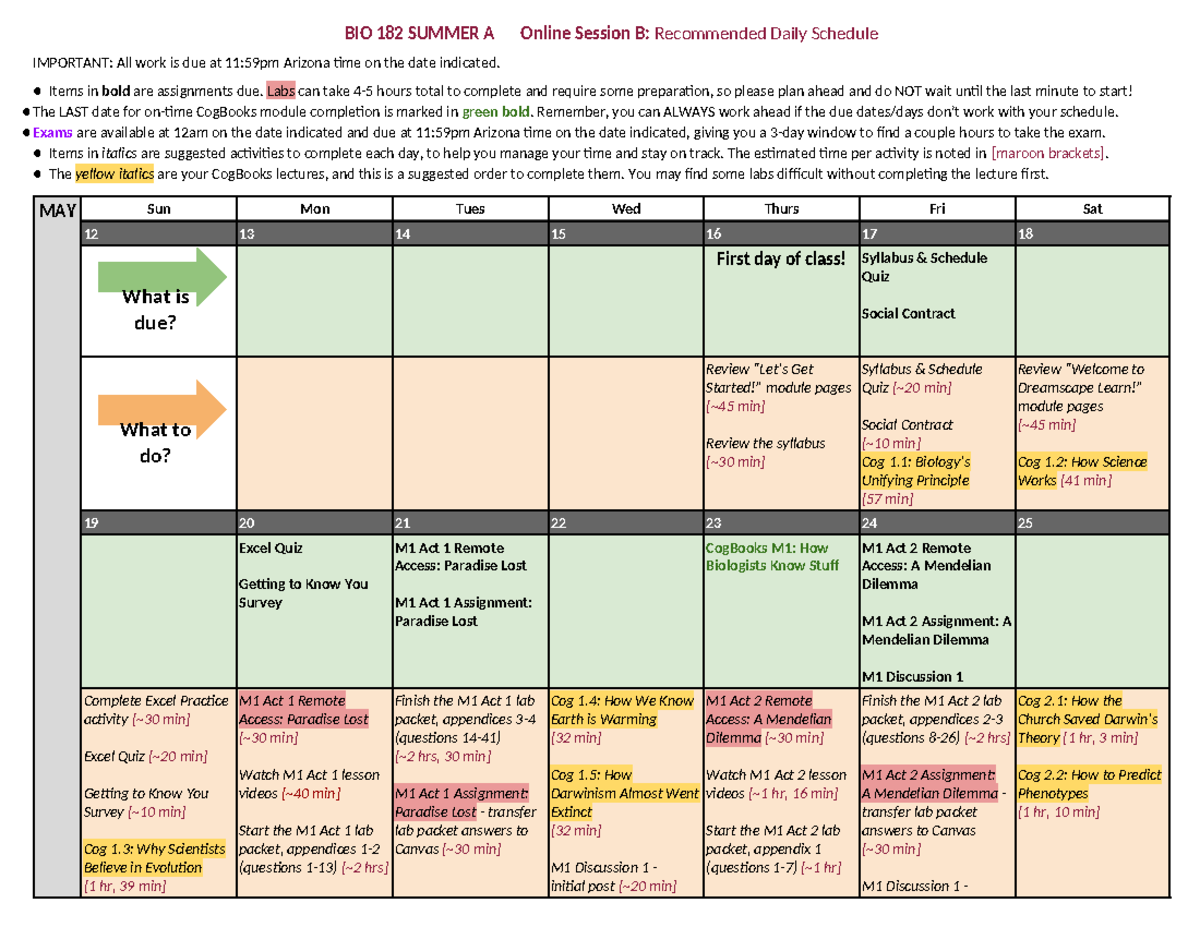 Printable student schedule BIO 182 Summer A 2024 - IMPORTANT: All work ...