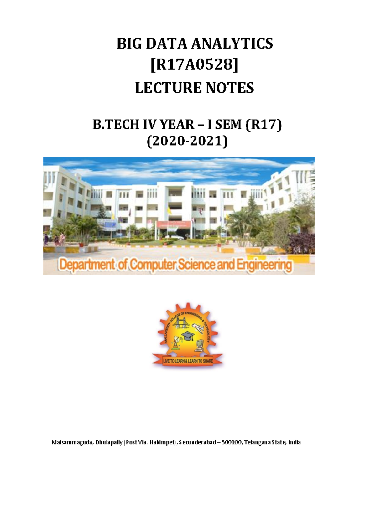 R17a0528 Big Data Analytics Digital Notes 1 1 Big Data Analytics R17a0528 Lecture Notes