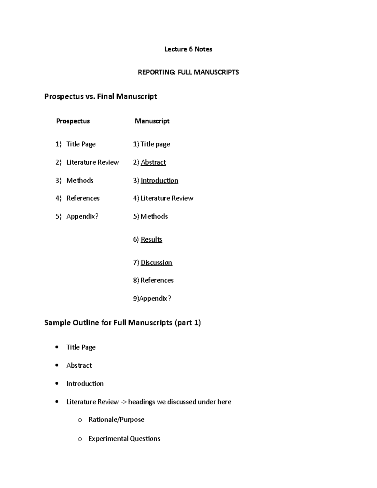Lecture 6 Notes - Lecture 6 Notes REPORTING: FULL MANUSCRIPTS ...