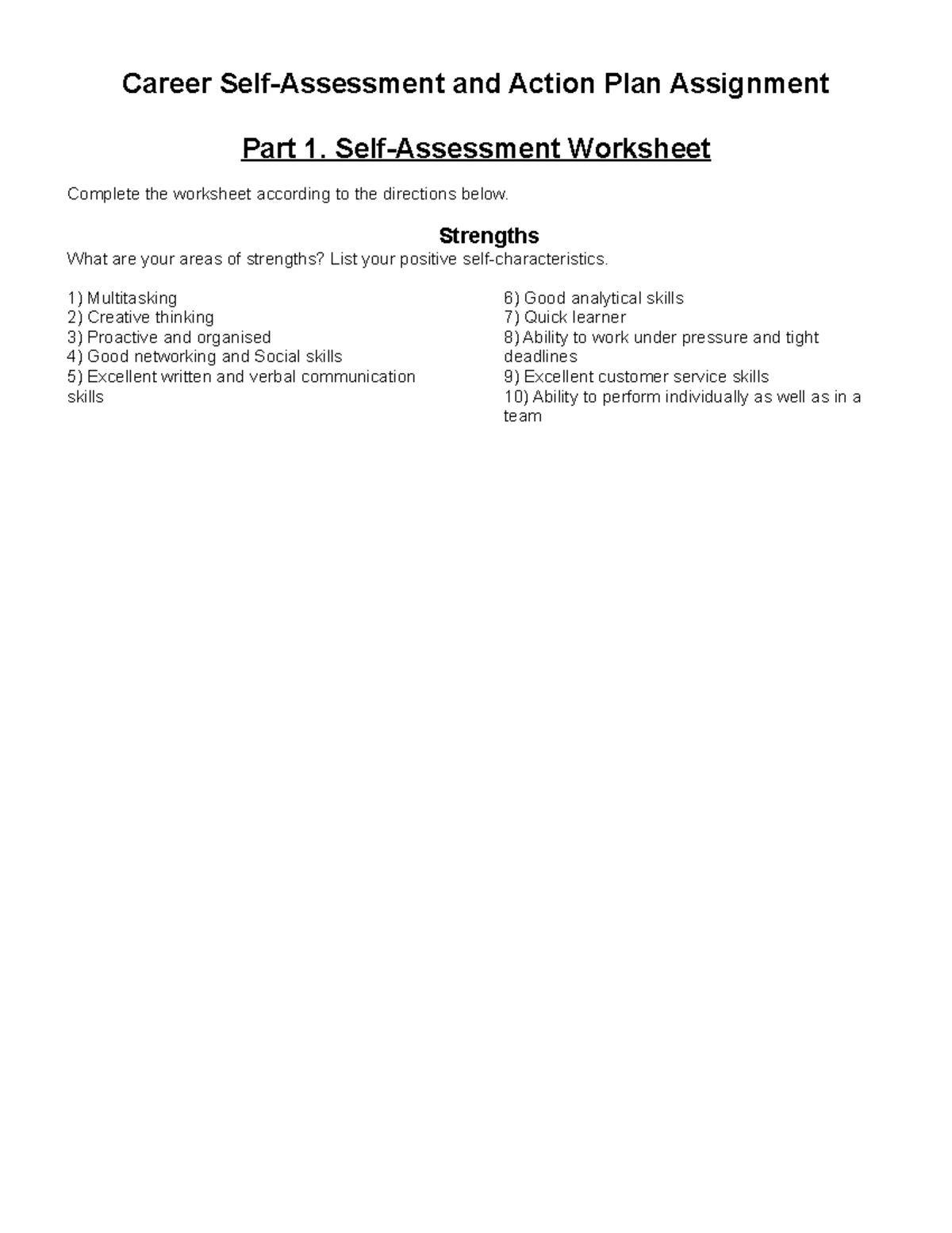 Career Self-Assessment Worksheet - Career Self-Assessment and Action ...
