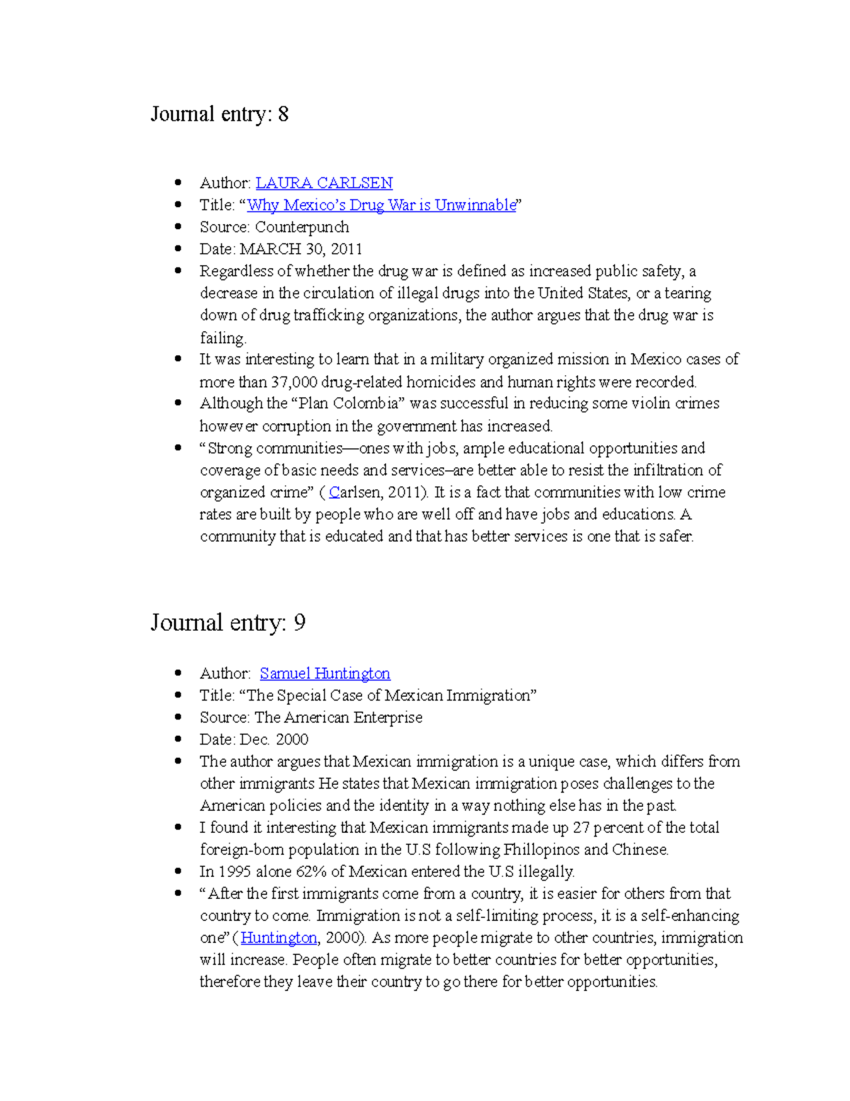 Jornal Entry 8,9 - Detailed journal entries for the readings in class ...