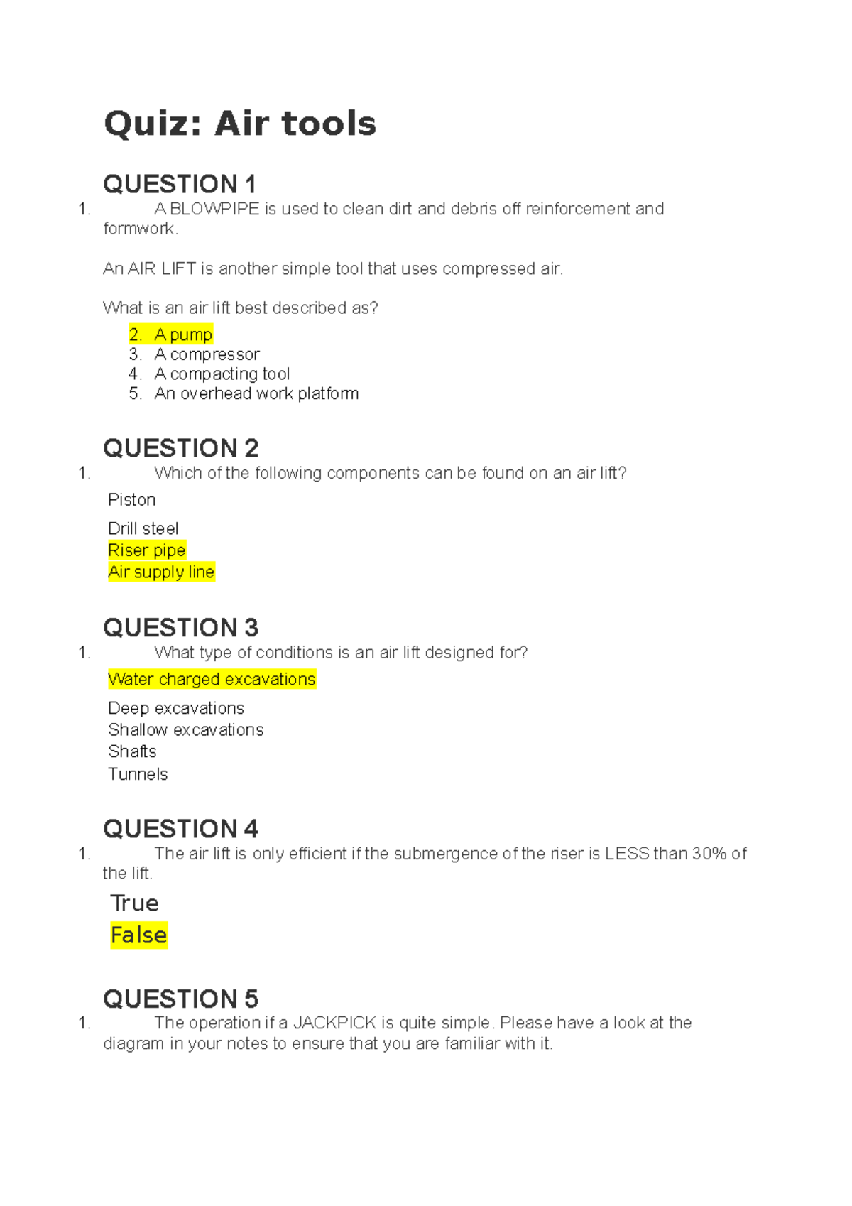 Construction -Quiz- Air tools - Quiz: Air tools QUESTION 1 1. A ...