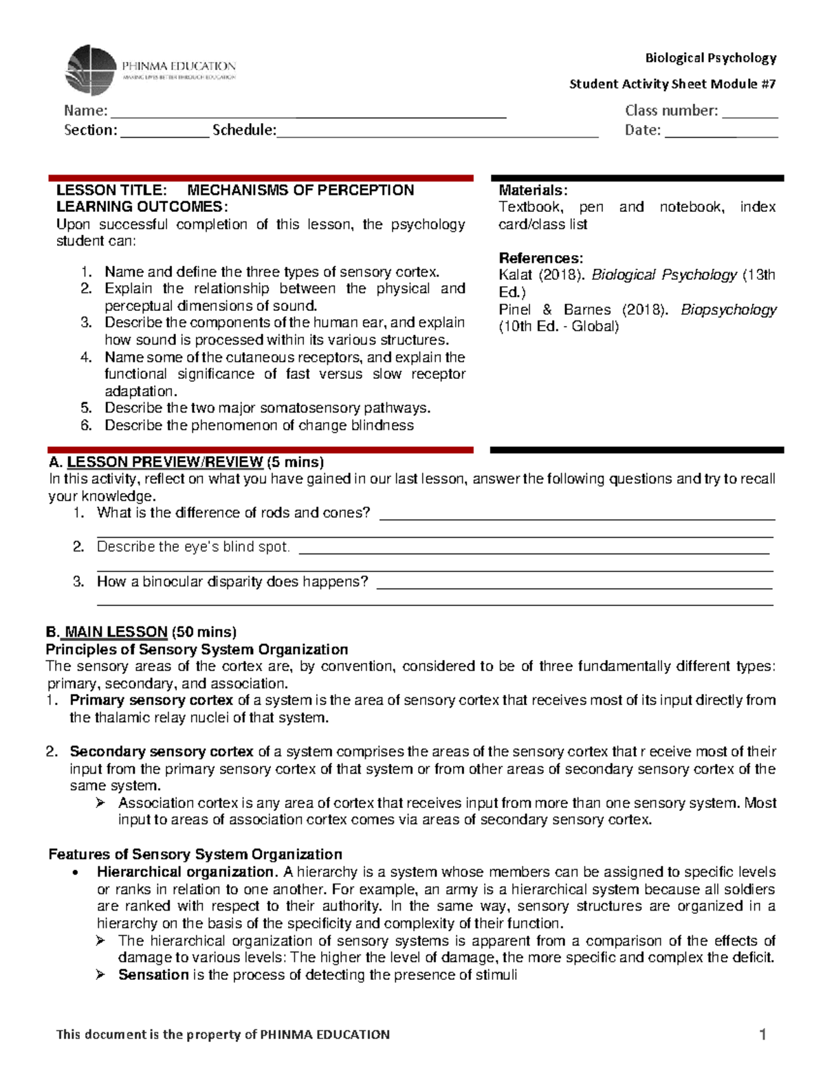 SAS Module 7 Mechanisms OF Perception - Student Activity Sheet Module # Name: - Studocu
