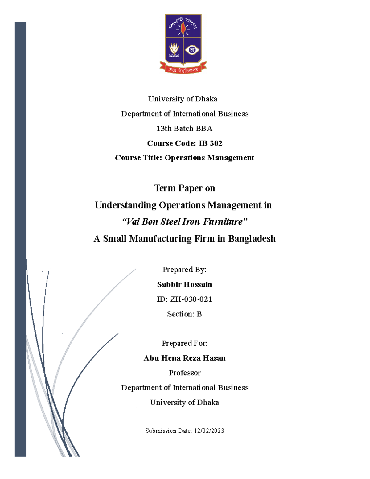 OM Term Paper - class work - University of Dhaka Department of ...