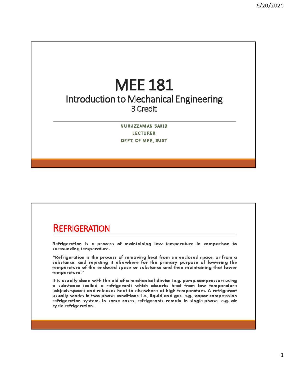 Refrigeration - Slides - MEE 181 Introduction to Mechanical Engineering 3 Credit NURUZZAMAN ...