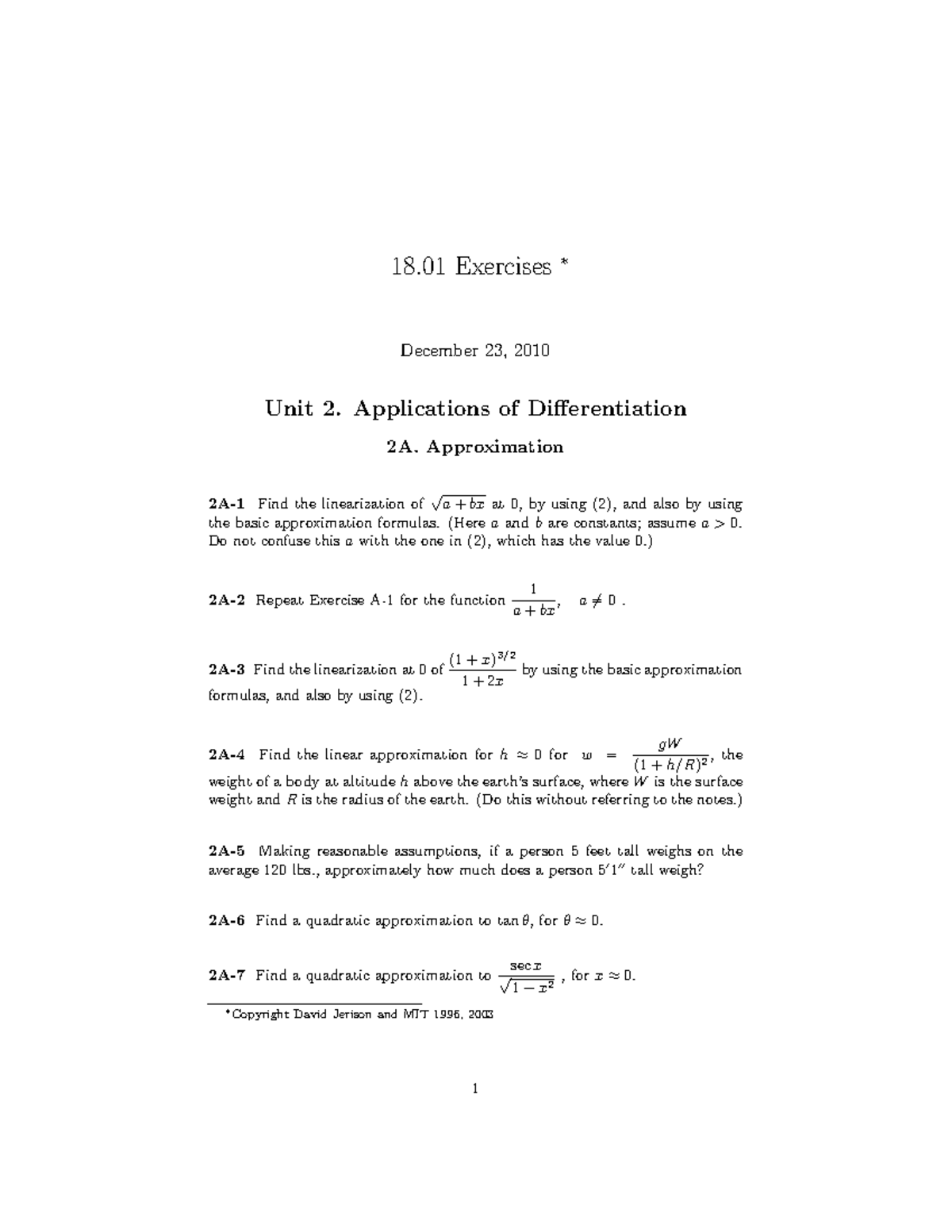 Applications of Differentiation 2A - 18 Exercises ∗ December 23, 2010 ...