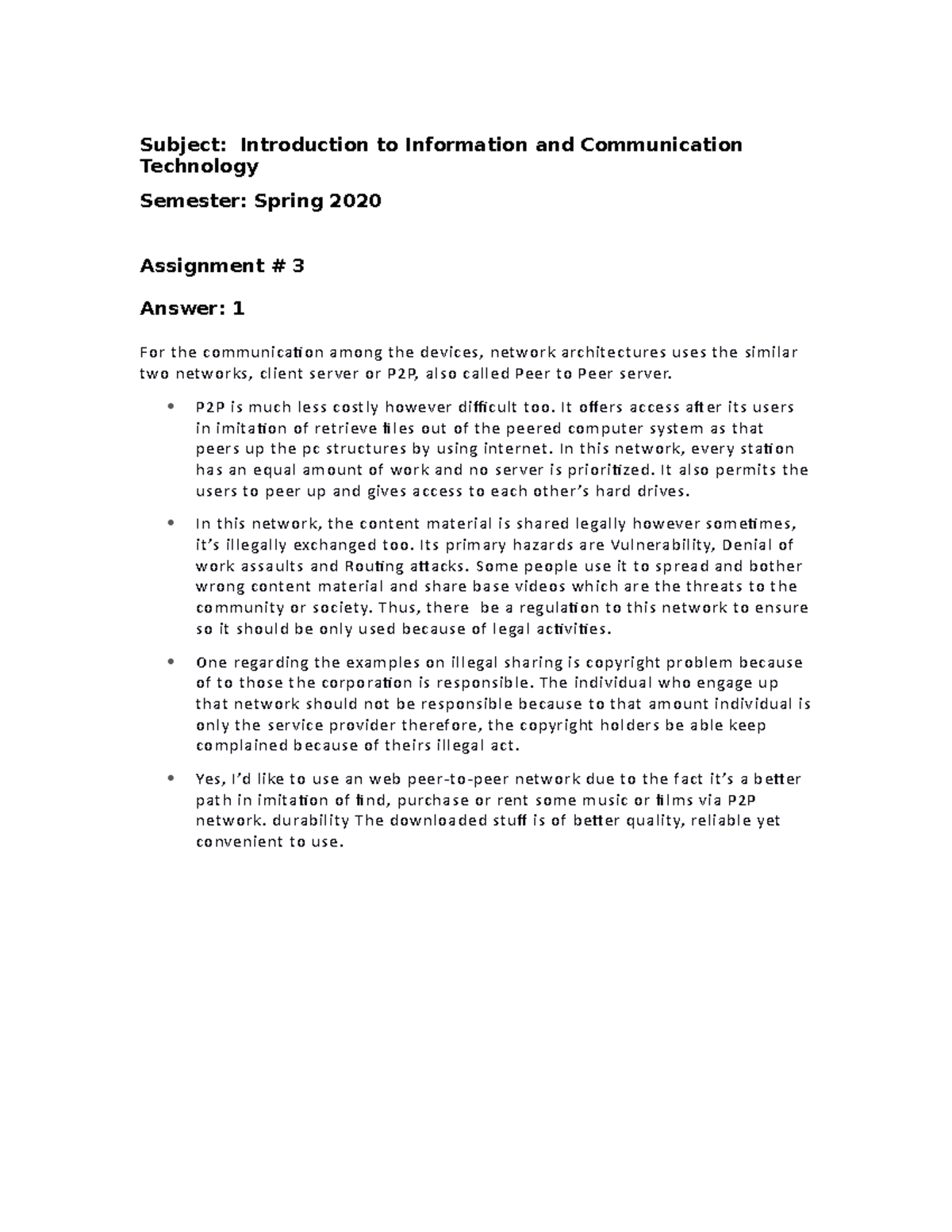 Assignment 3 IICT - Check it yourself - Subject: Introduction to Information and Communication ...