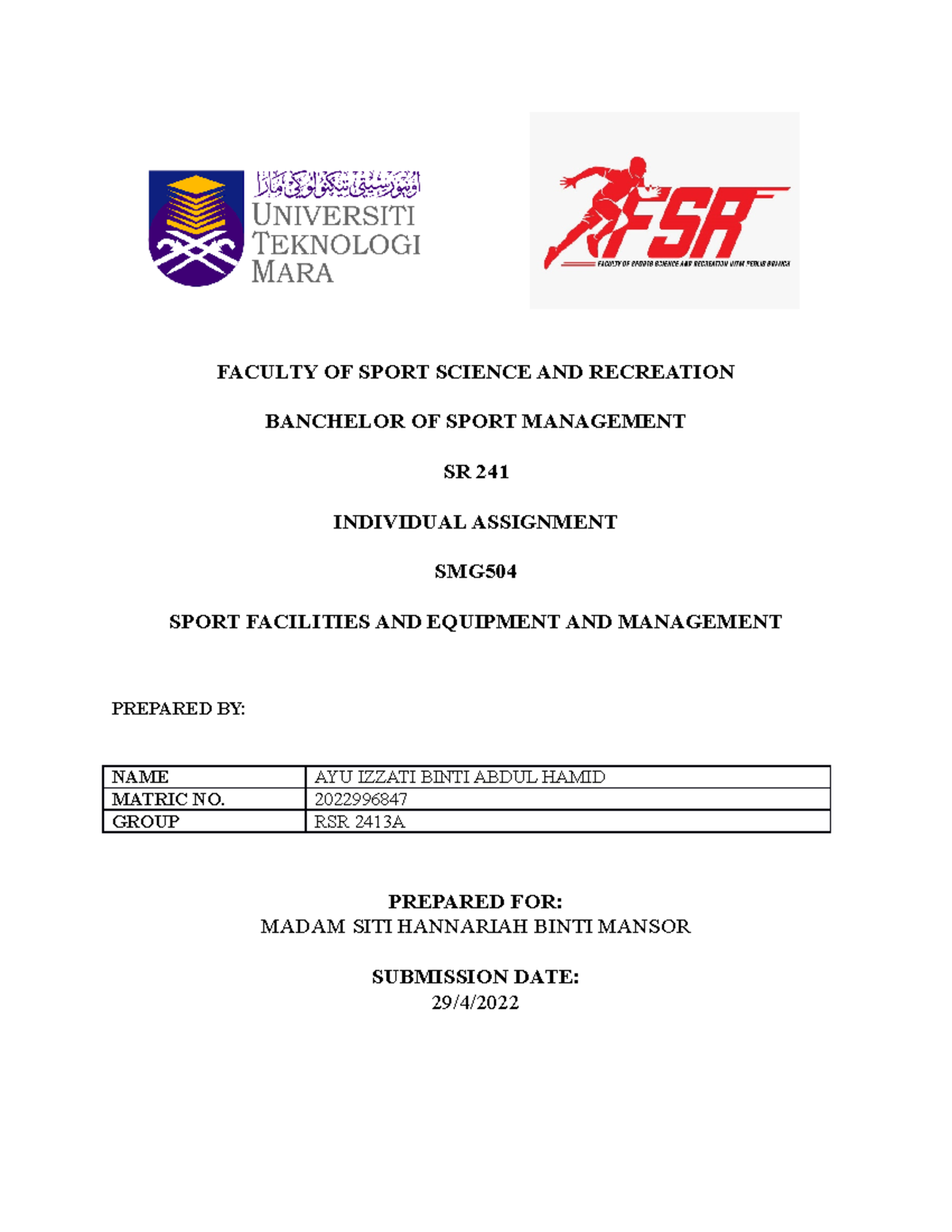 SMG 504 Individual Assignment - FACULTY OF SPORT SCIENCE AND RECREATION ...