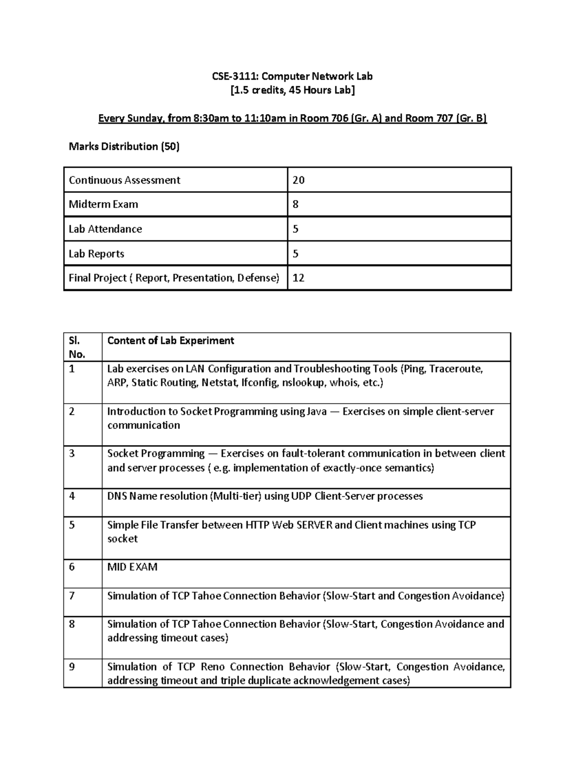Lab Outline - CSE 3111 - CSE-3111: Computer Network Lab [1 credits, 45 ...