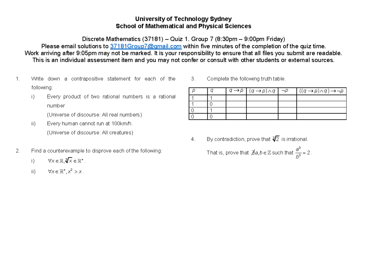 37181 Quiz1Gp7 SMW - Quiz 1 - University of Technology Sydney School of ...