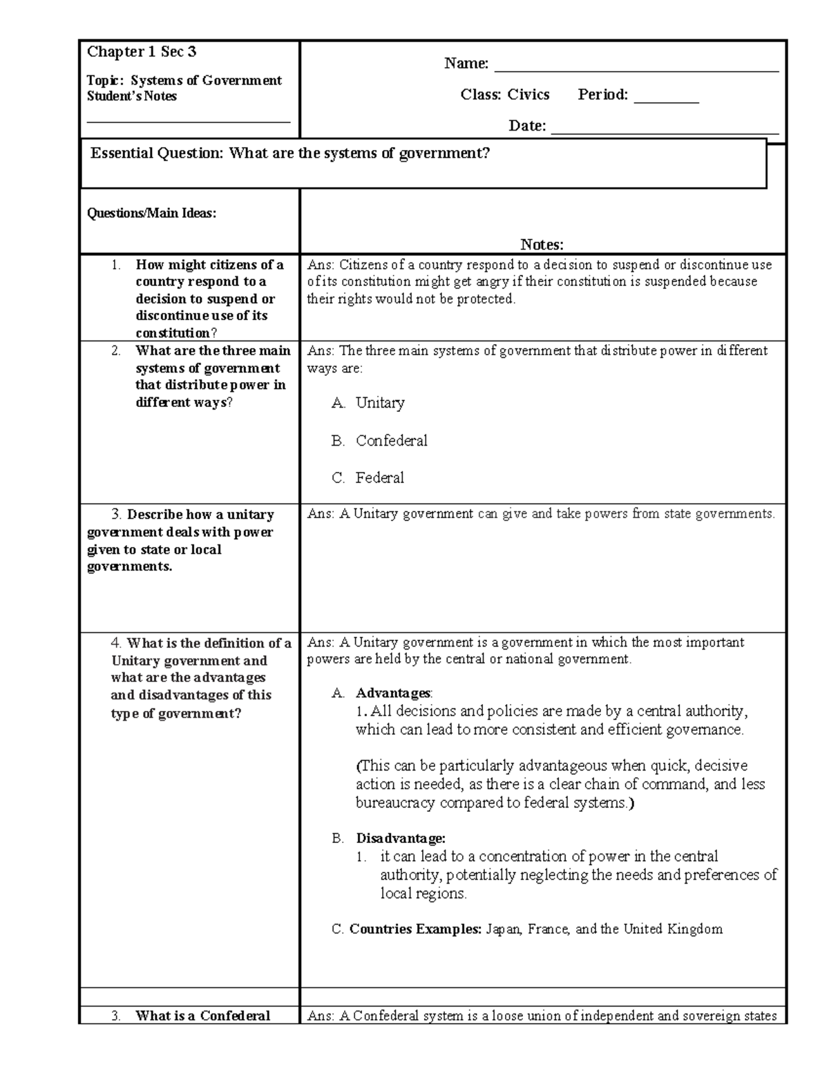 Chapter 1 Sec 3 Systems of Gov - Chapter 1 Sec 3 Topic: Systems of ...