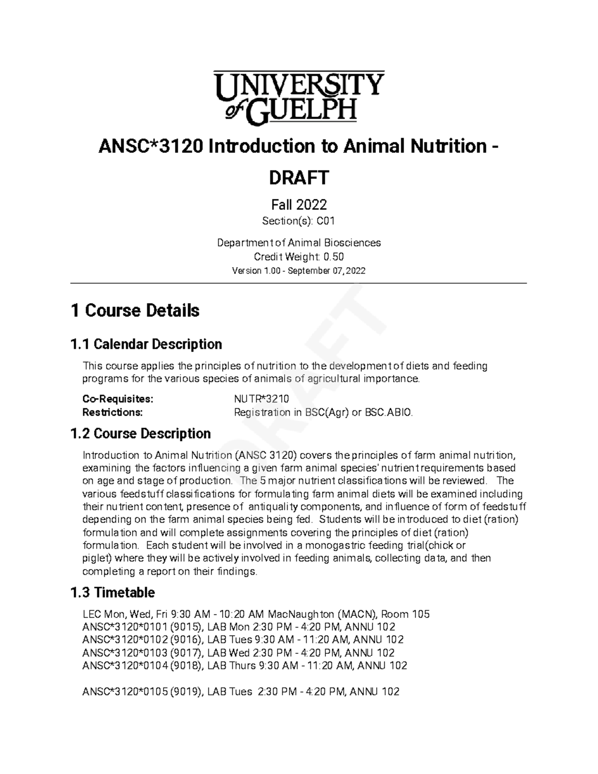 ANSC 3120 Course Outline draft 7Sept2022 rev - ANSC*3120 Introduction to Animal Nutrition ...