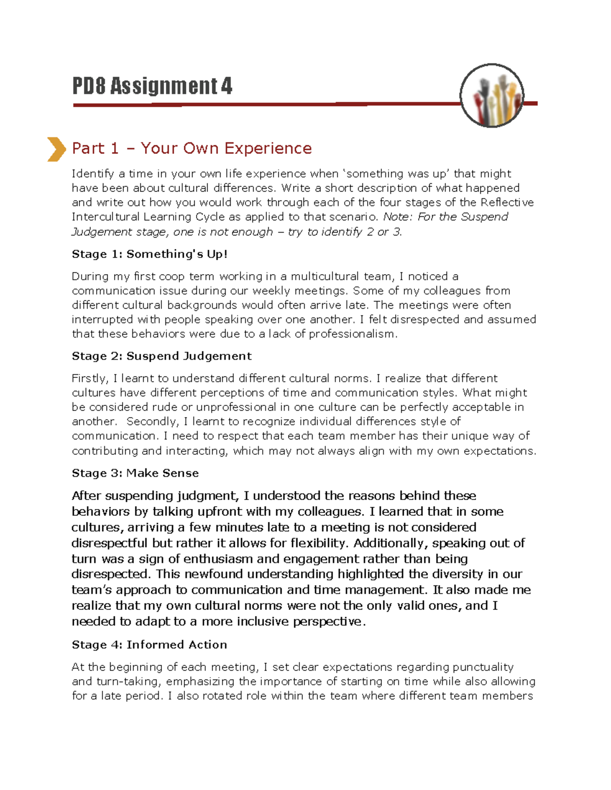PD8-Assignment 4-Workplace Application - PD8 Assignment 4 Part 1 – Your Own Experience Identify ...