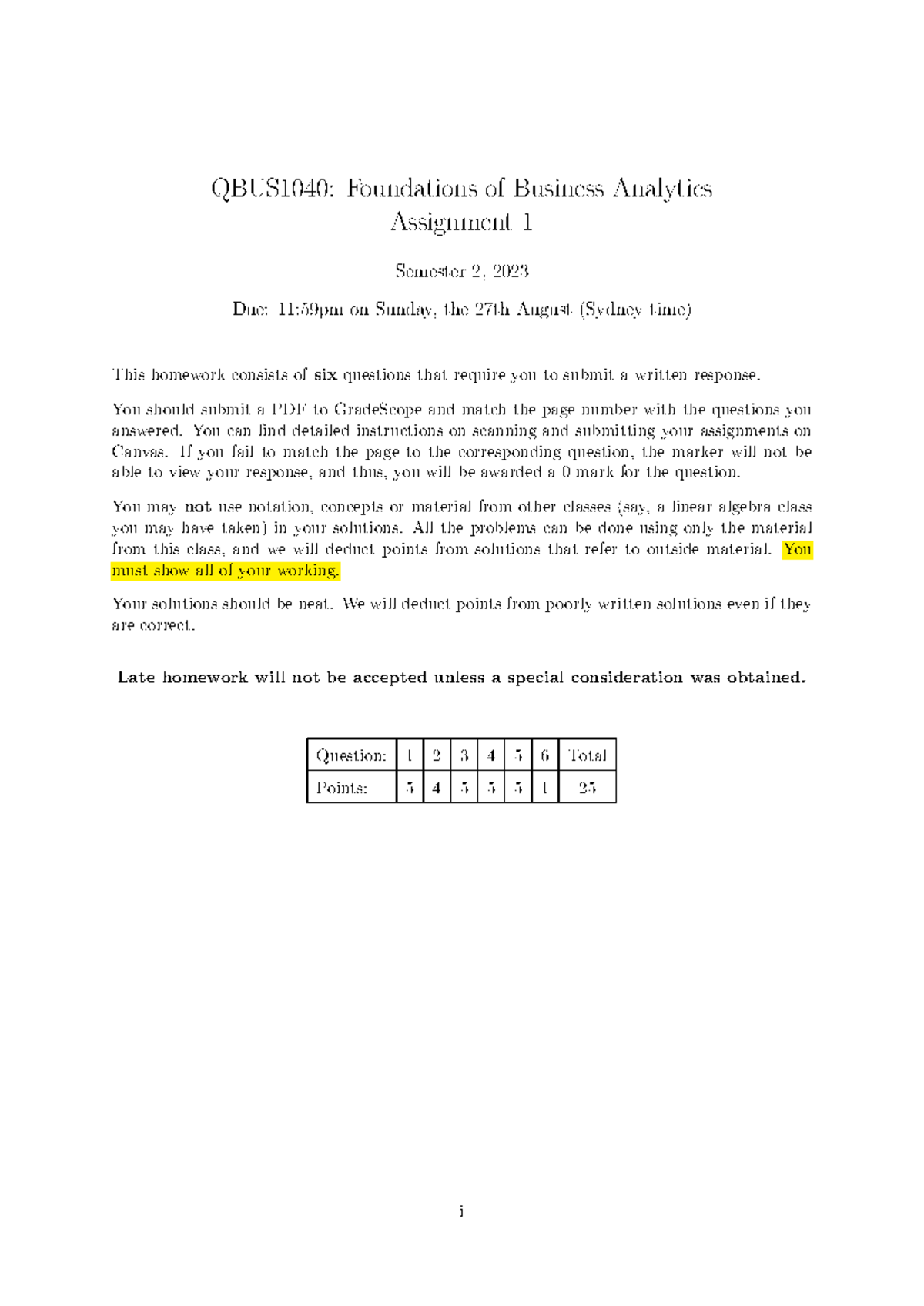 Assignment 1 - QBUS 1040 : Foundations of Business Analytics Assignment 1 Semester 2 , 2023 Due ...
