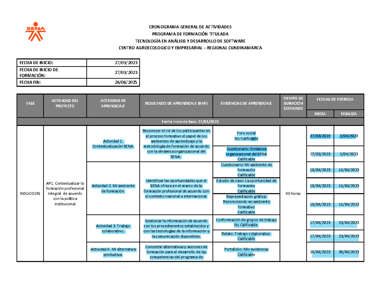 Cronograma General - CRONOGRAMA GENERAL DE ACTIVIDADES PROGRAMA DE FORMACI”N TITULADA TECNOLOGÕA ...