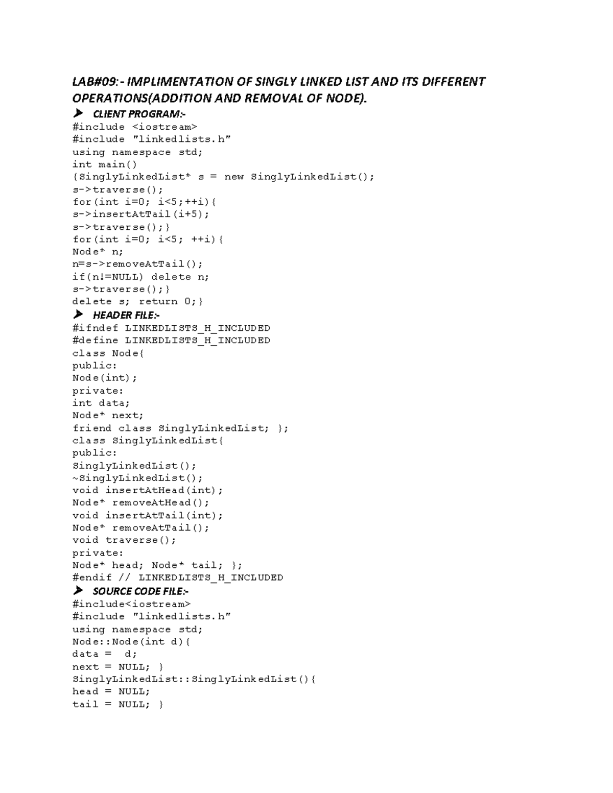 LAB NO. 9 - lab report - LAB#09:- IMPLIMENTATION OF SINGLY LINKED LIST ...