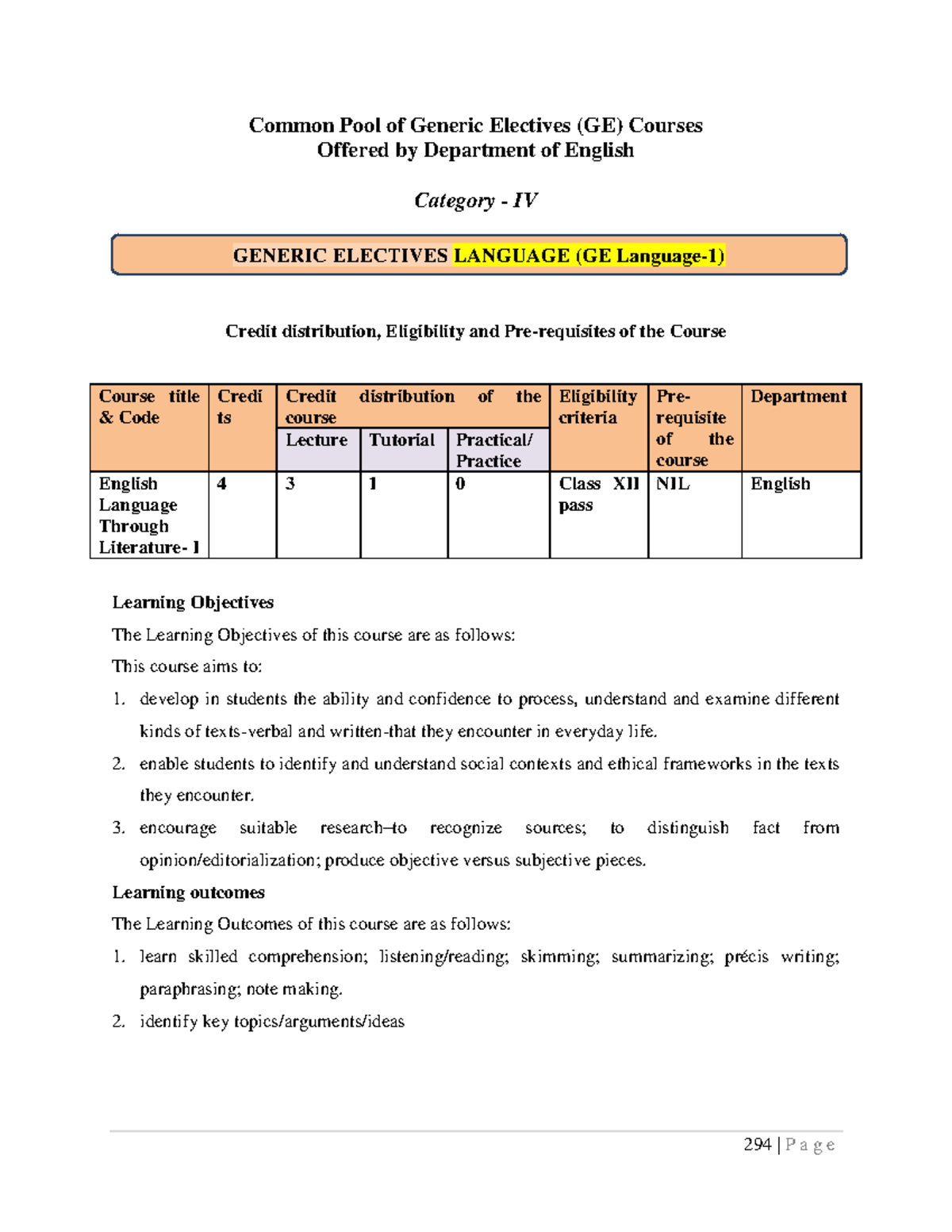 GE-LANG-ENG - Nnhjioo - Common Pool of Generic Electives (GE) Courses Offered by Department of ...