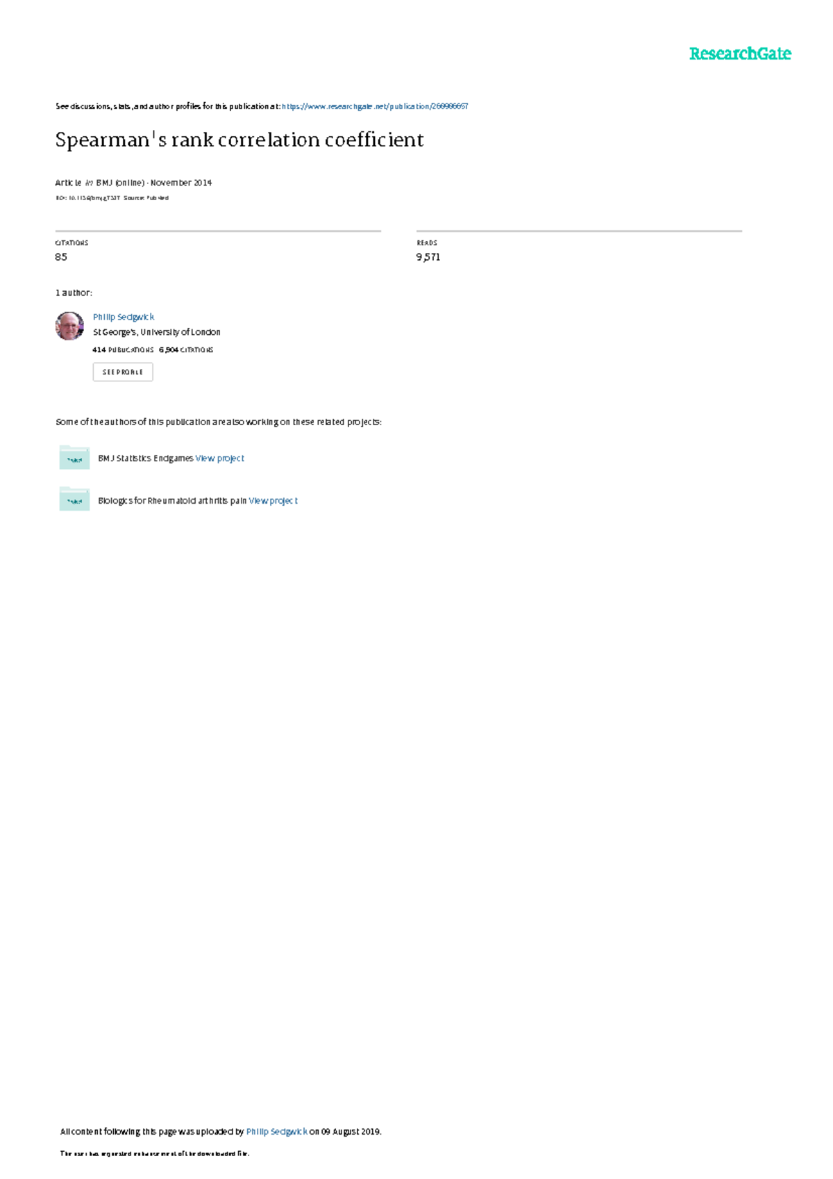 Spearmans Rank Correlation Coefficient Statistics See Discussions Stats And Author