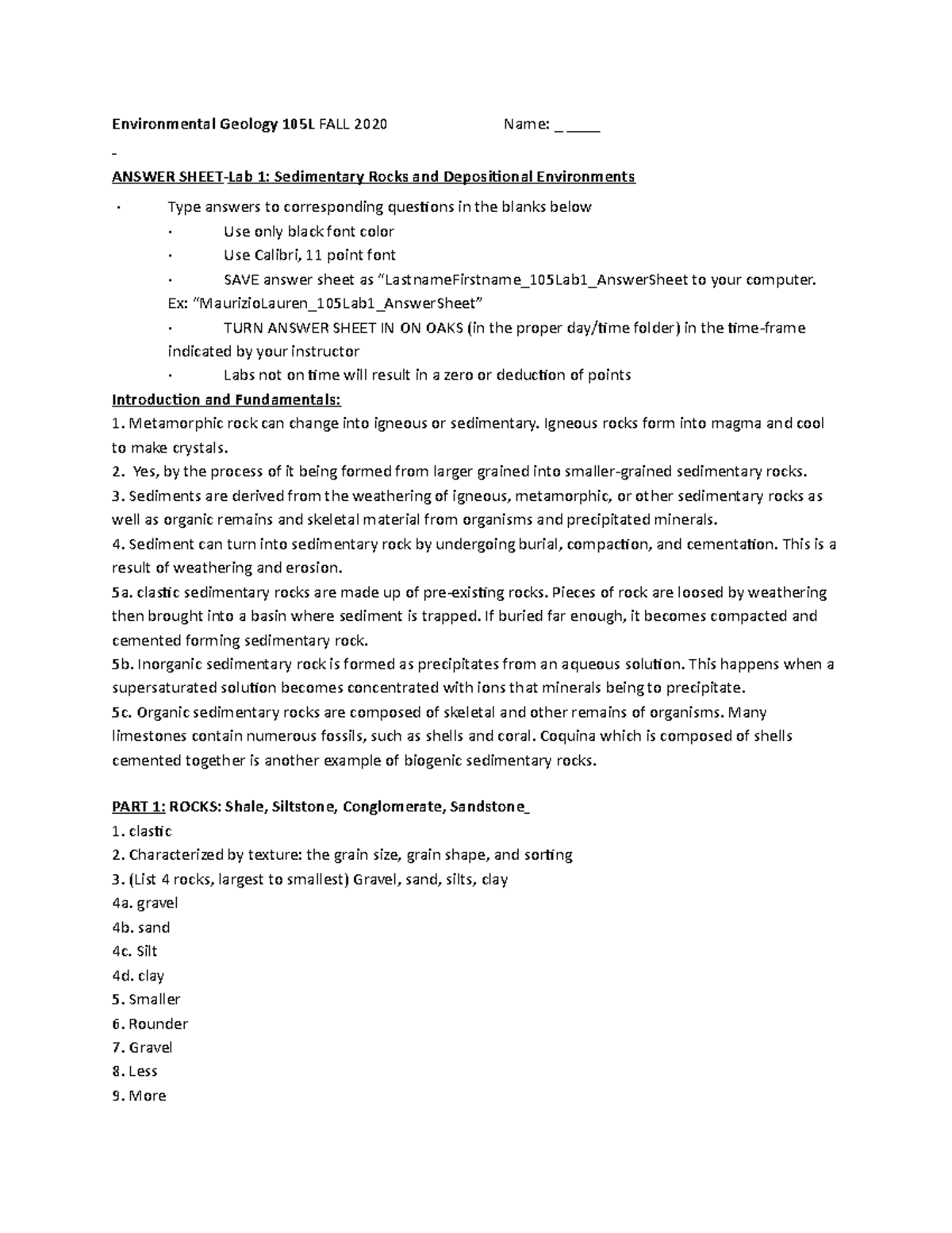 105 Lab 1 - Lab - Environmental Geology 105L FALL 2020 Name ...