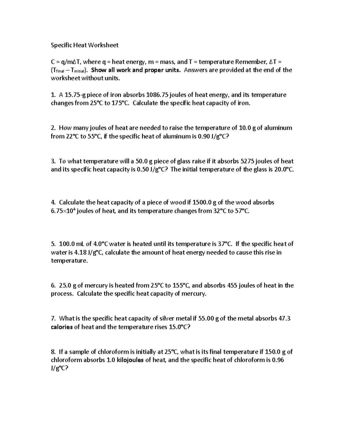 Specific Heat Worksheet - Version 1 - Specific Heat Worksheet C = q/m∆T ...