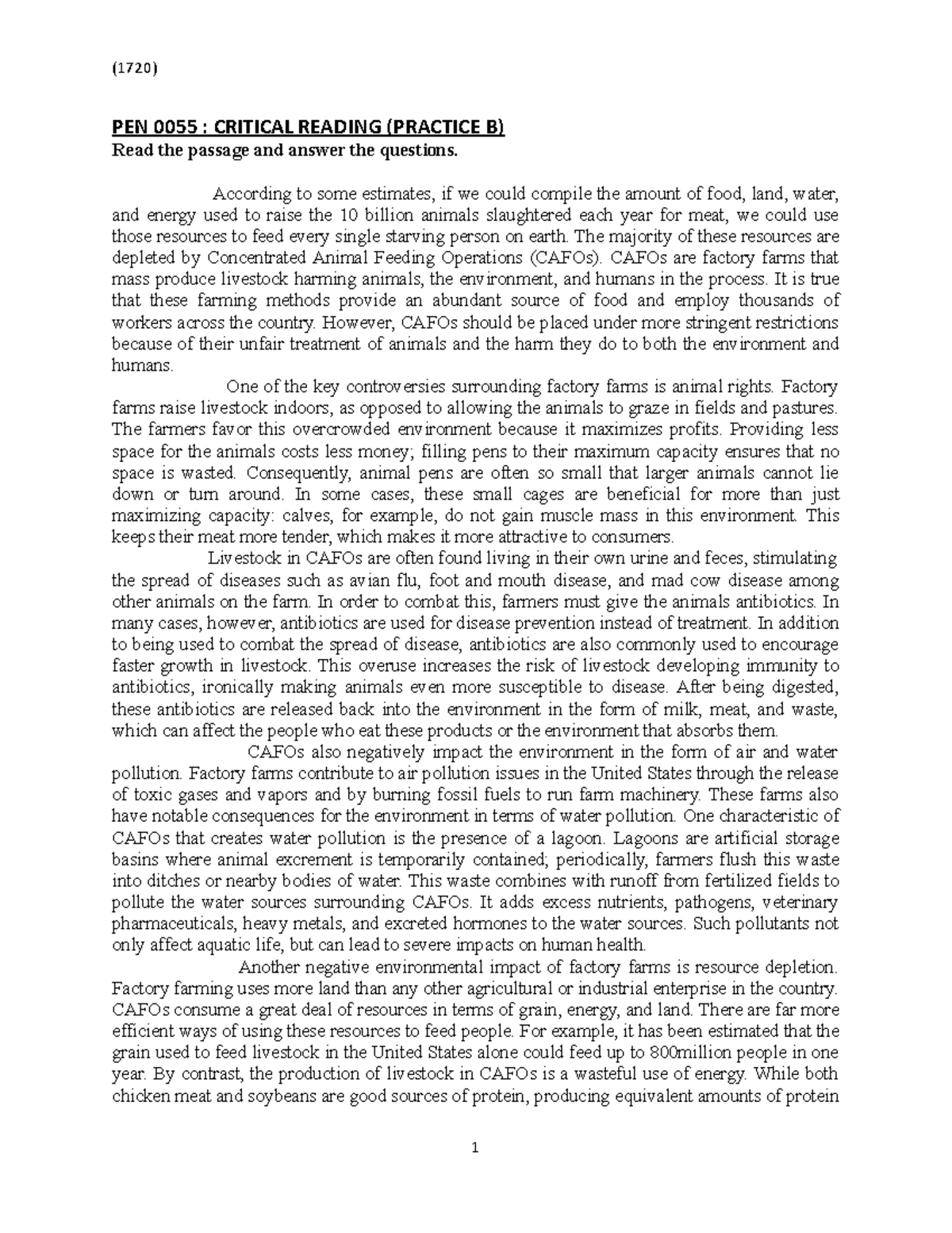 182191 PEN 0055 Critical Reading Practice B - (1720) PEN 0055 ...