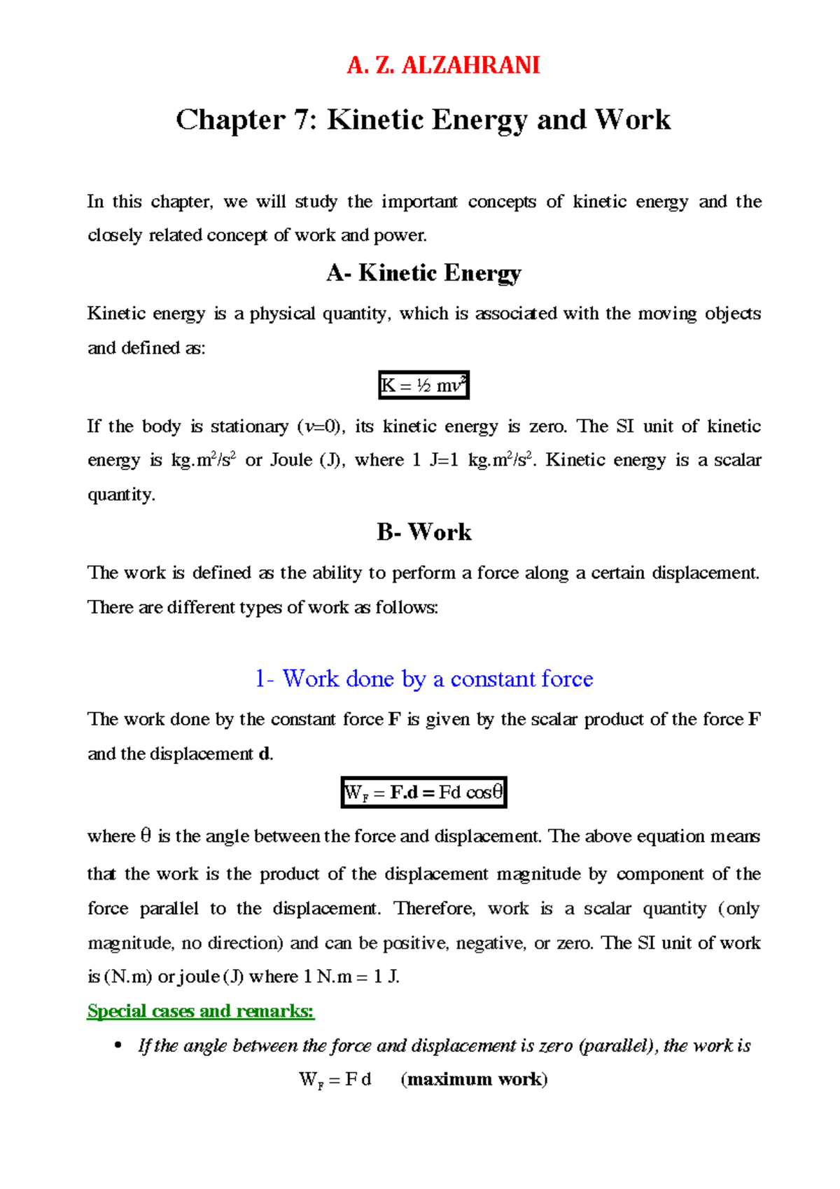 48317 ch07 - try at home - Chapter 7: Kinetic Energy and Work In this ...