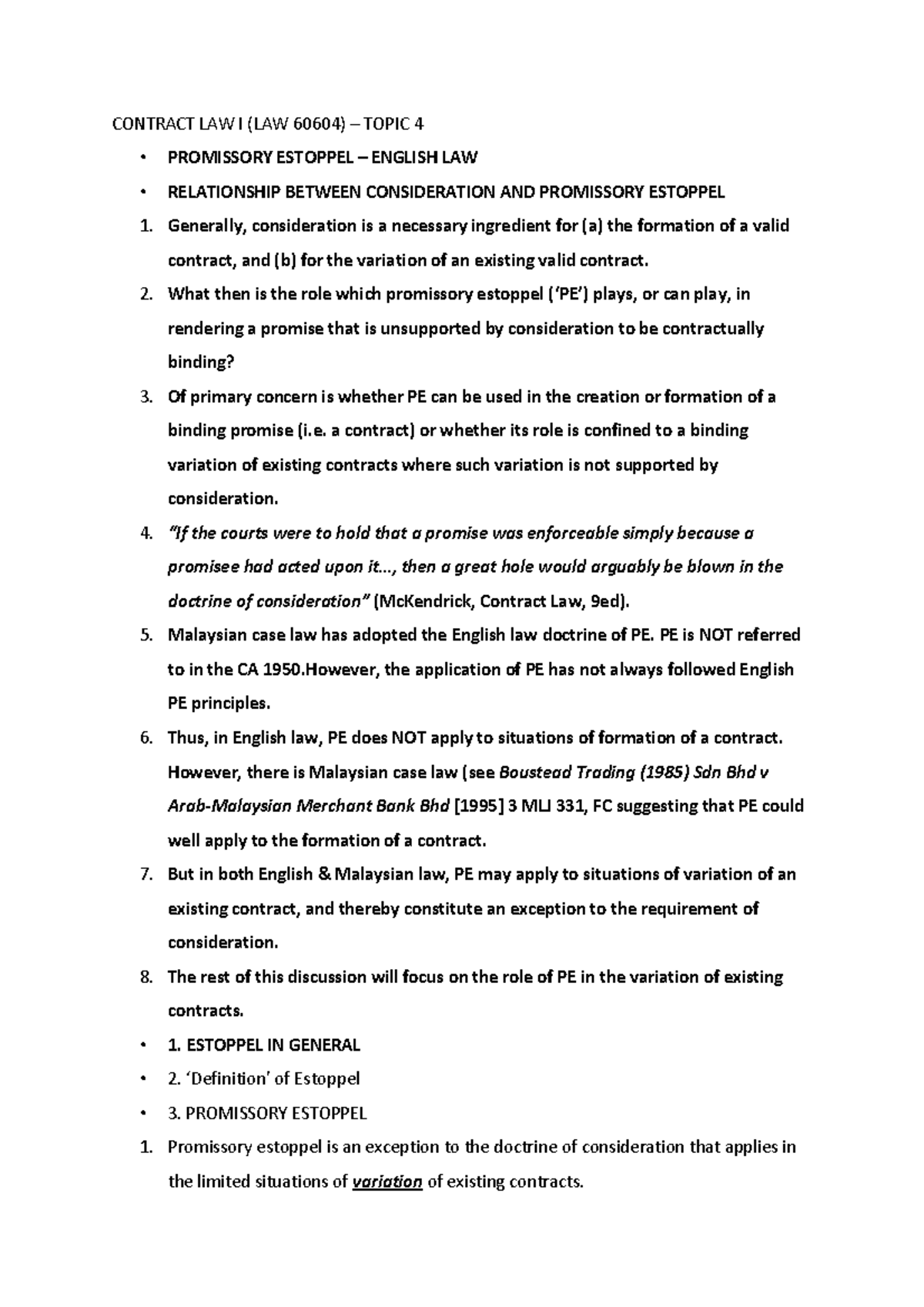Contract LAW I promissory estoppel and privity of contract notes ...