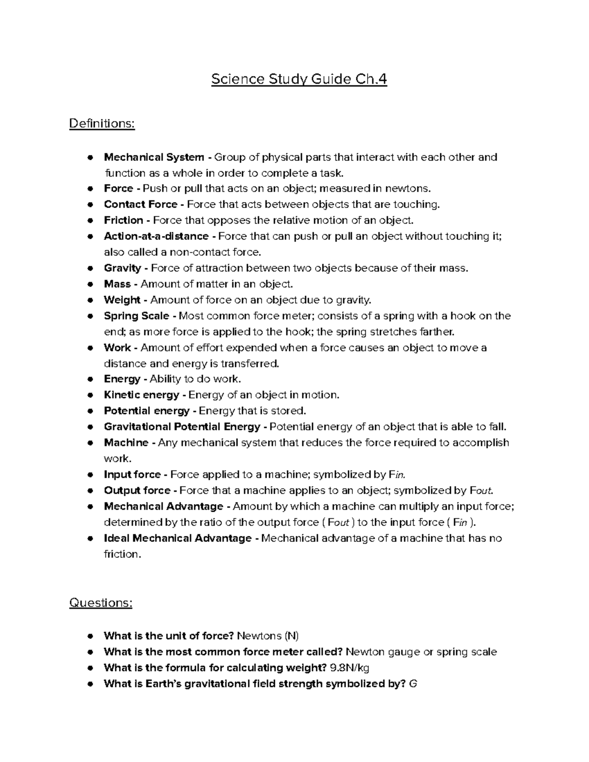 Science study guide - Science Study Guide Ch. Definitions: Mechanical ...