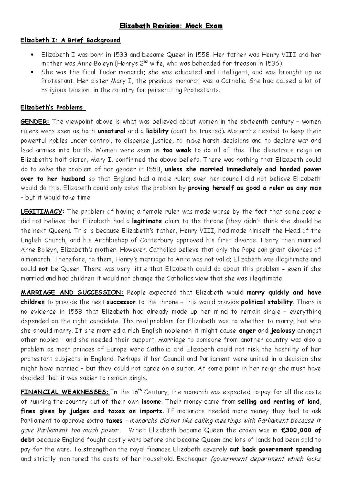 Elizabeth Revision Info - Elizabeth Revision: Mock Exam Elizabeth I: A ...