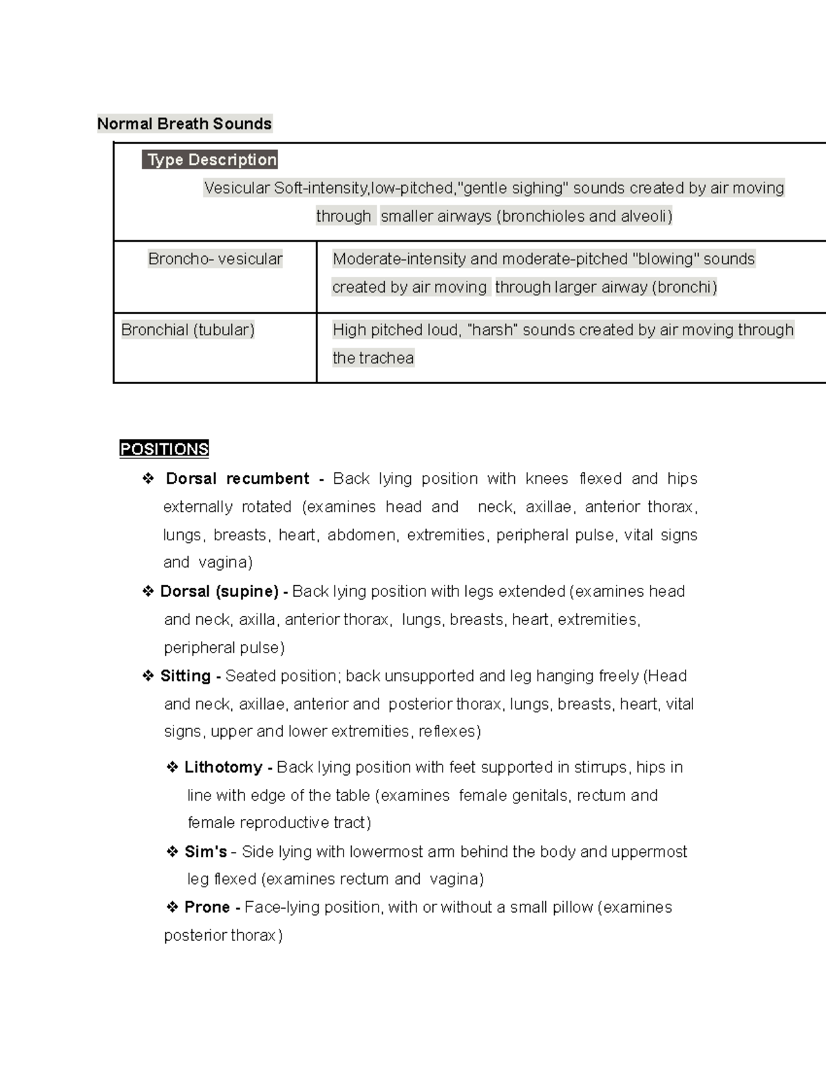 Normal Breath Sounds - notes - Normal Breath Sounds Type Description ...