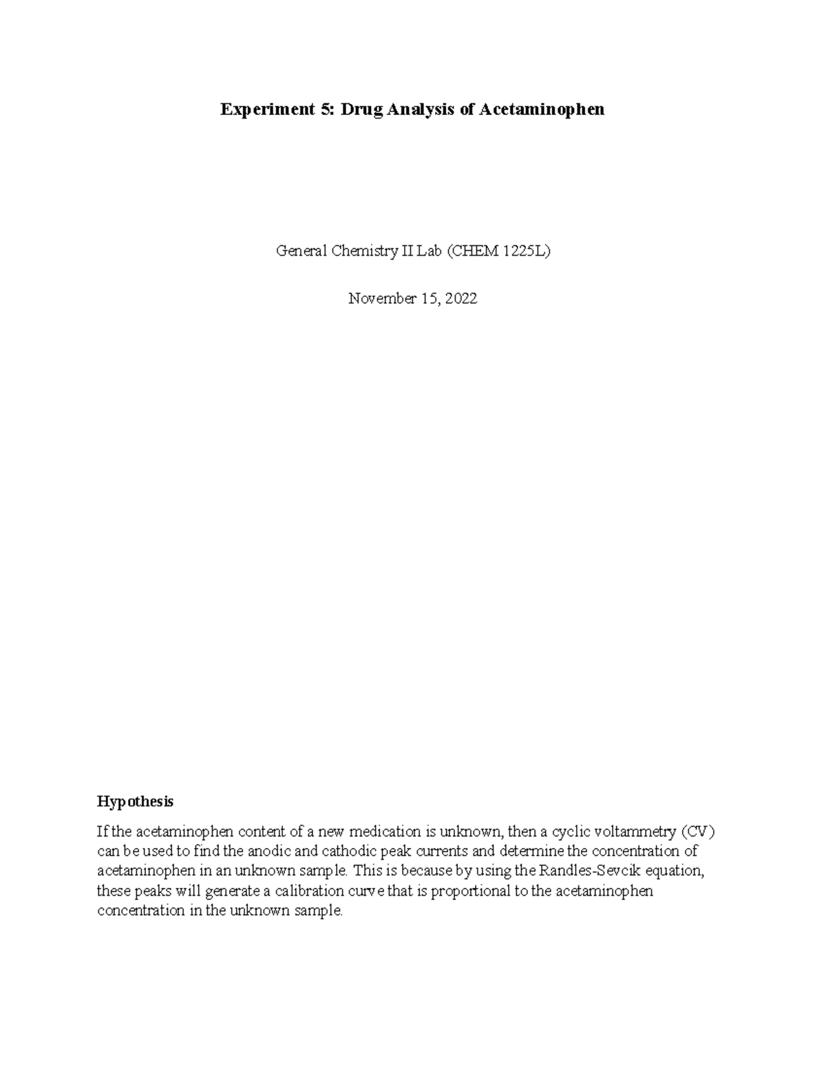 Pre-Lab Report 5 - Experiment 5: Drug Analysis of Acetaminophen General ...