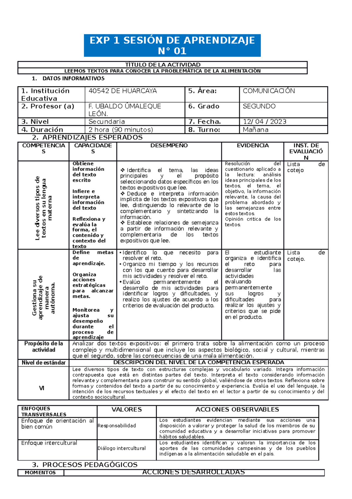Sesión N° 1 - Primero - leanlo - EXP 1 SESIÓN DE APRENDIZAJE N° 01 TÍTULO DE LA ACTIVIDAD LEEMOS ...