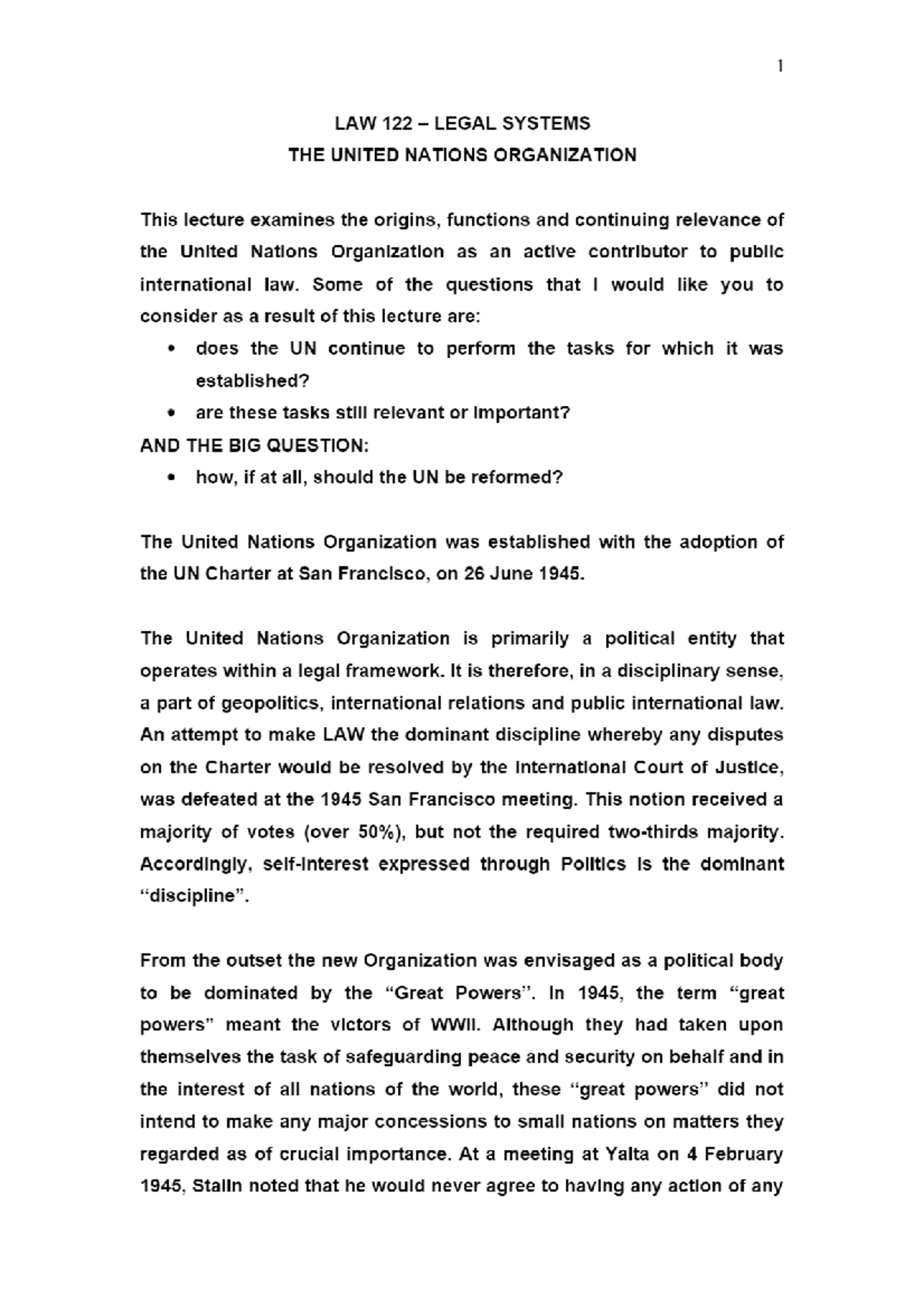 United Nations and Use of Force - LAW122 - Studocu