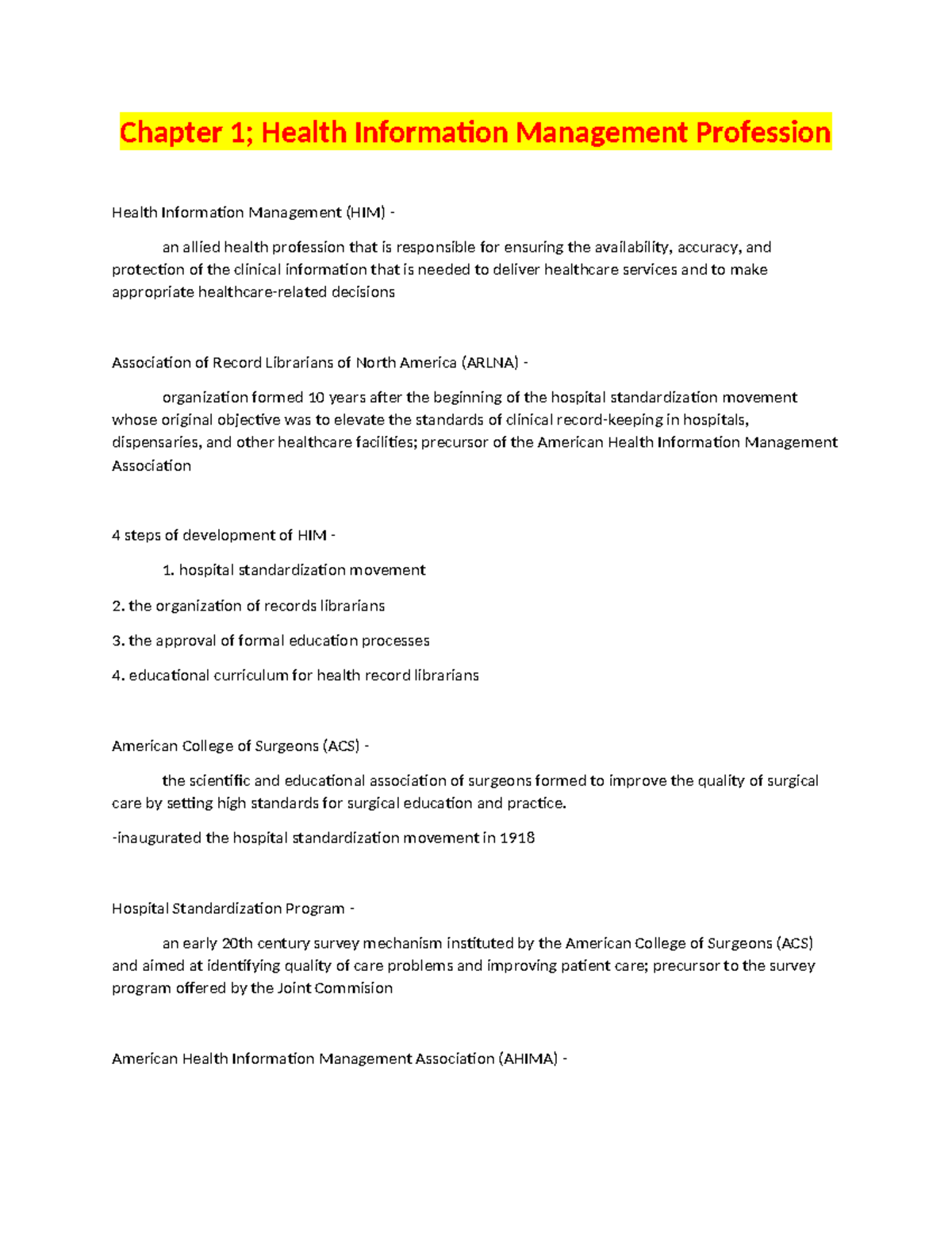 Chapter 1; Health Information Management Profession - Chapter 1; Health ...