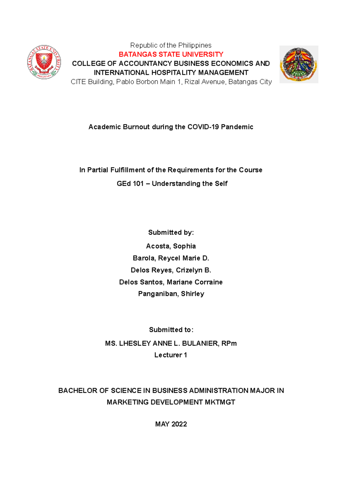 Group-5Semestral-Project - Republic of the Philippines BATANGAS STATE ...