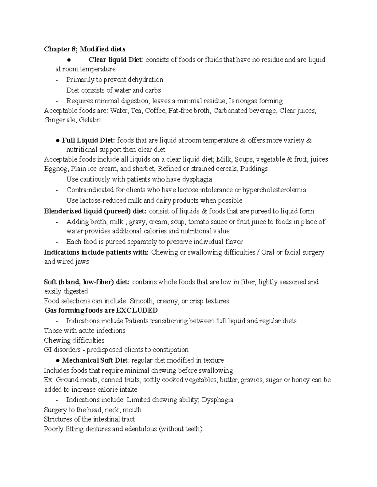Chapter 8 modified diet notes - Chapter 8; Modified diets Clear liquid ...