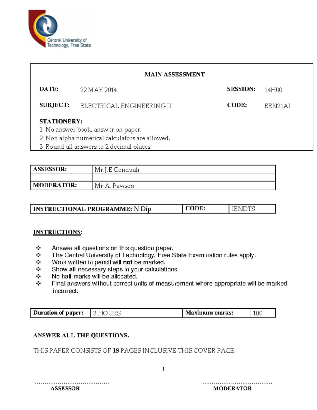 EEN21AI MAIN Assessment 2014 - 1 ...