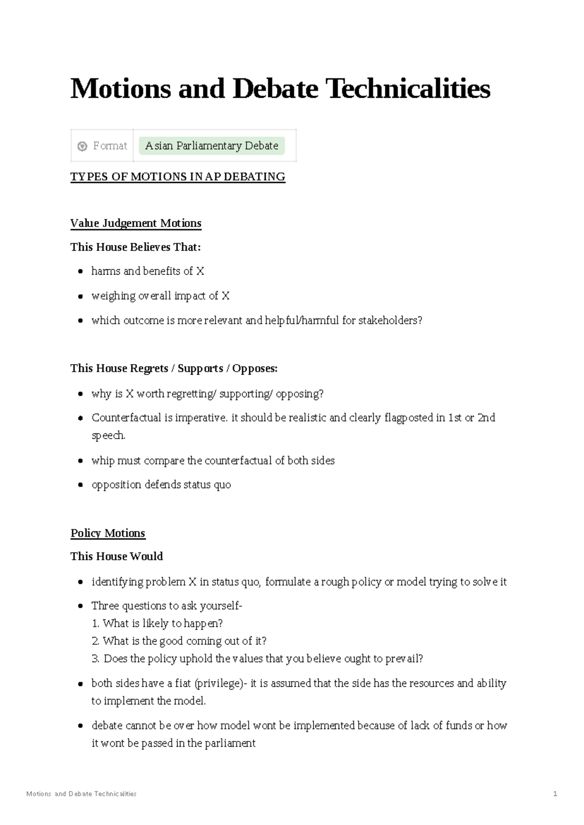 Motions and Debate Technicalities - it should be realistic and clearly ...