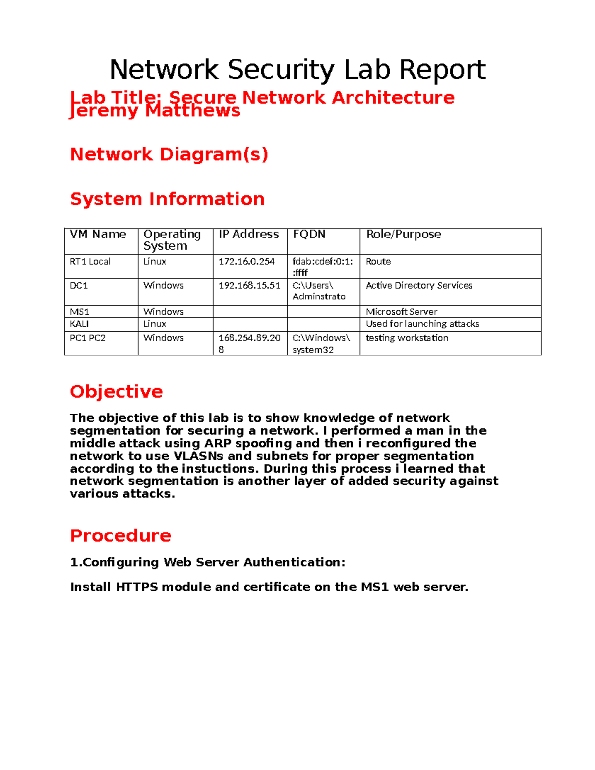 Secure Network Architecture Lab Report Network Security Lab Report Lab Title Secure Network 2851