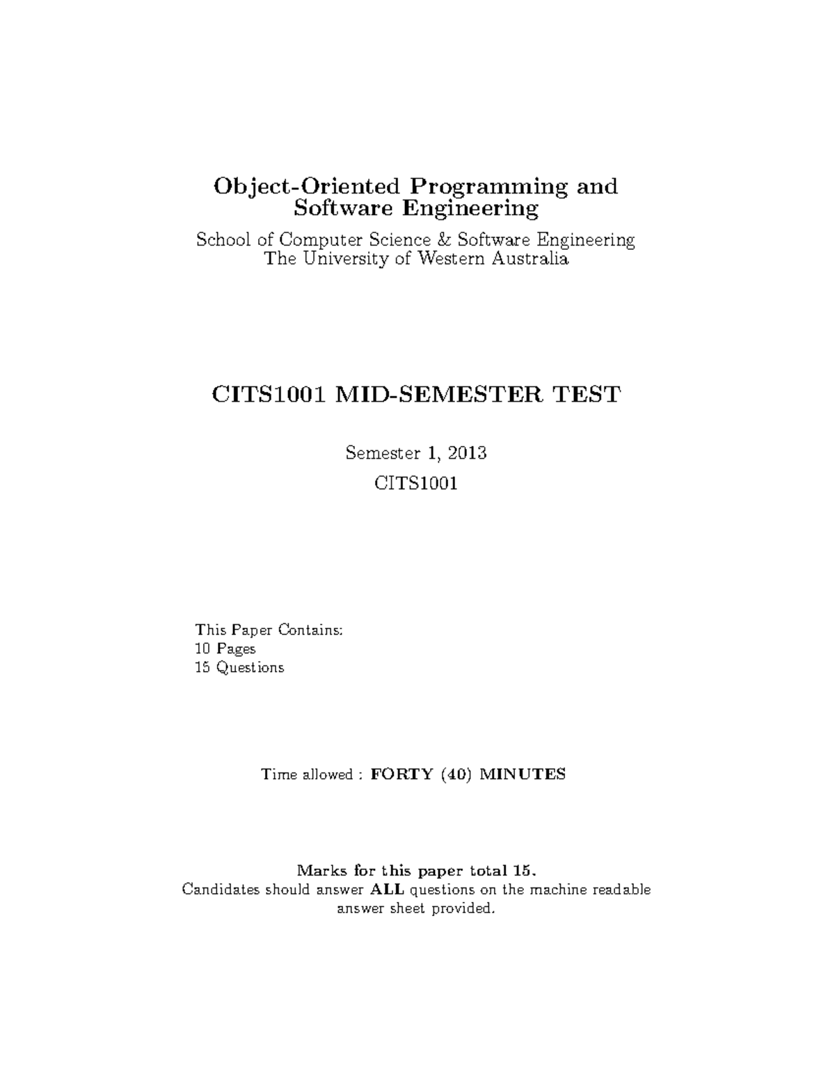 CITS1001 university of WA mid sem exam - Object-Oriented Programming ...