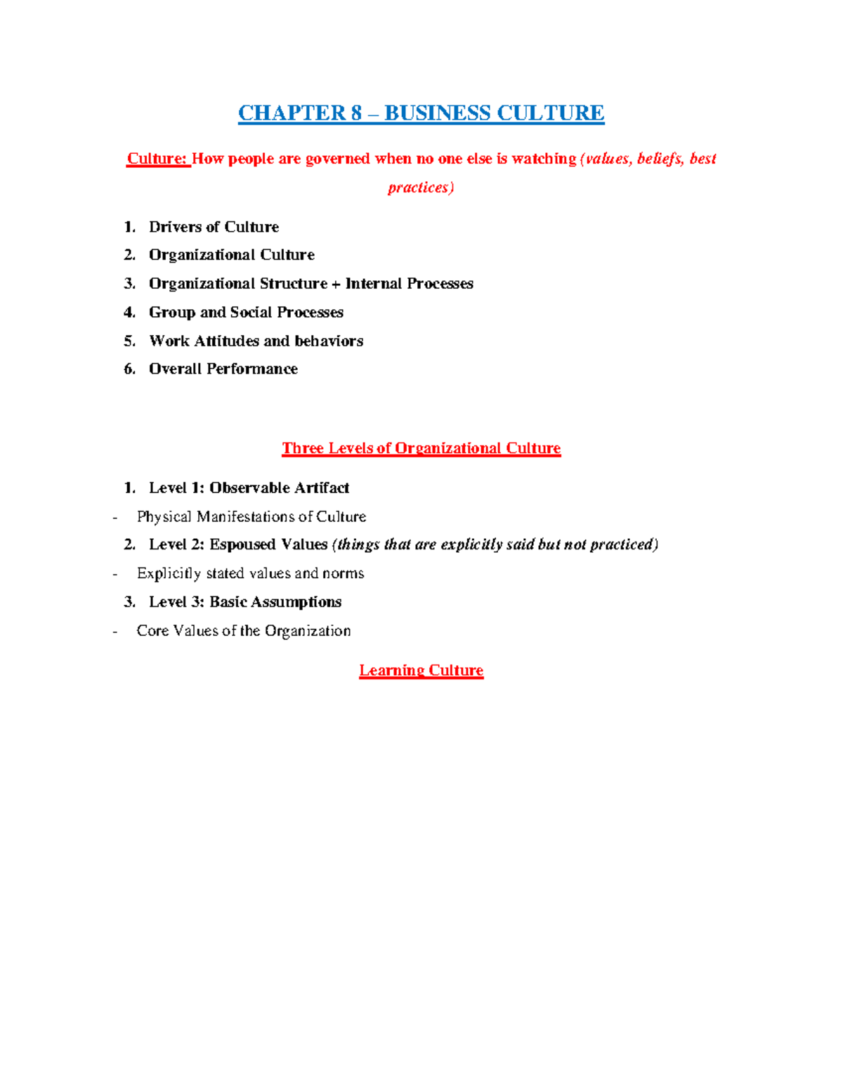 Management Semester Study Guide P2 - CHAPTER 8 – BUSINESS CULTURE ...