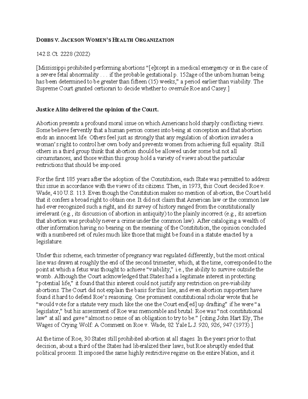 Dobbs Decision Excerpt - D OBBS V. JACKSON WOMEN’ S HEALTH ORGANIZATION ...